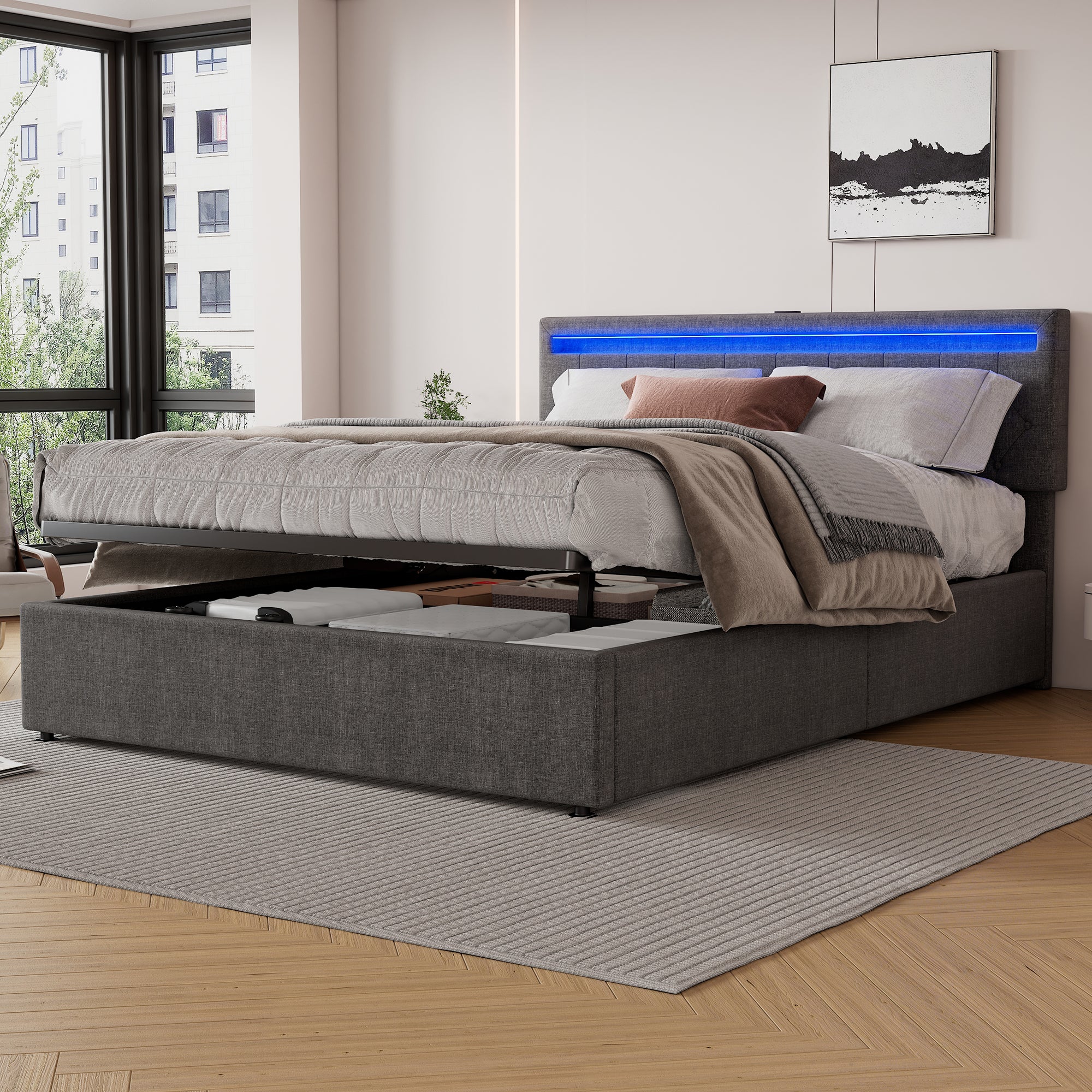 Cama con canapé 160x200 cm en tejido de lino con LED - Tomas USB y Type ...