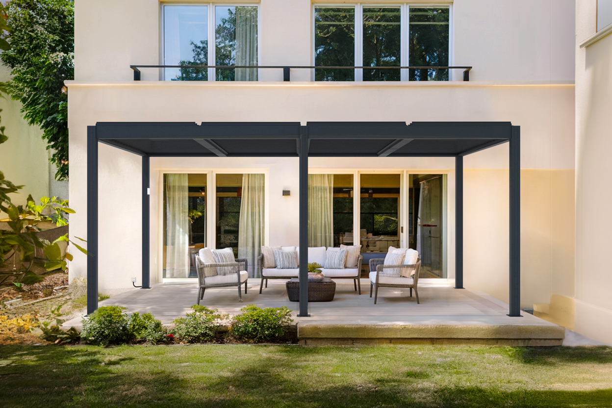 Pérgola bioclimática motorizada de aluminio gris SANTA 5x3m | Leroy Merlin