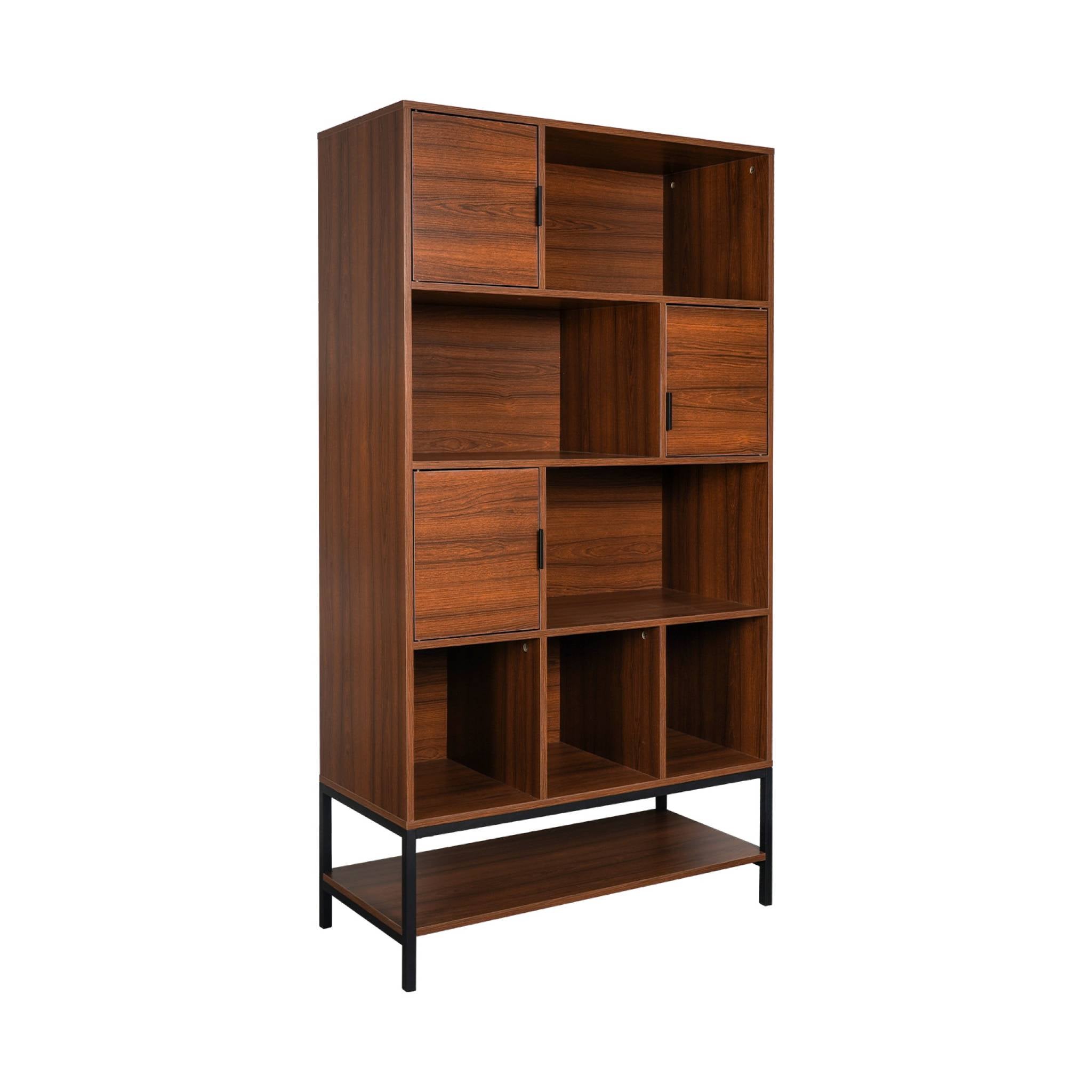 Bibliothèque style vintage en décor noyer et métal noir avec 9 ...