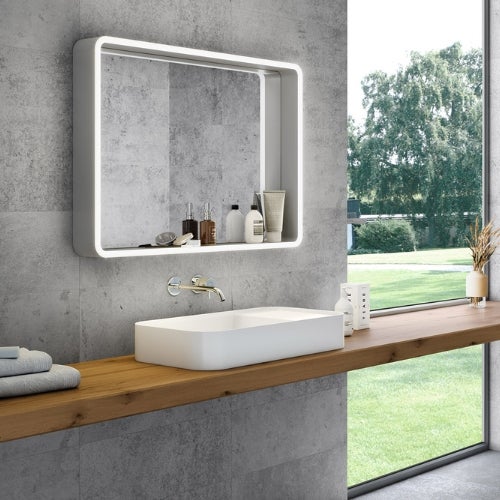 Espejo Organizador de Baño con Luz LED y Marco de Aluminio con Estante ...