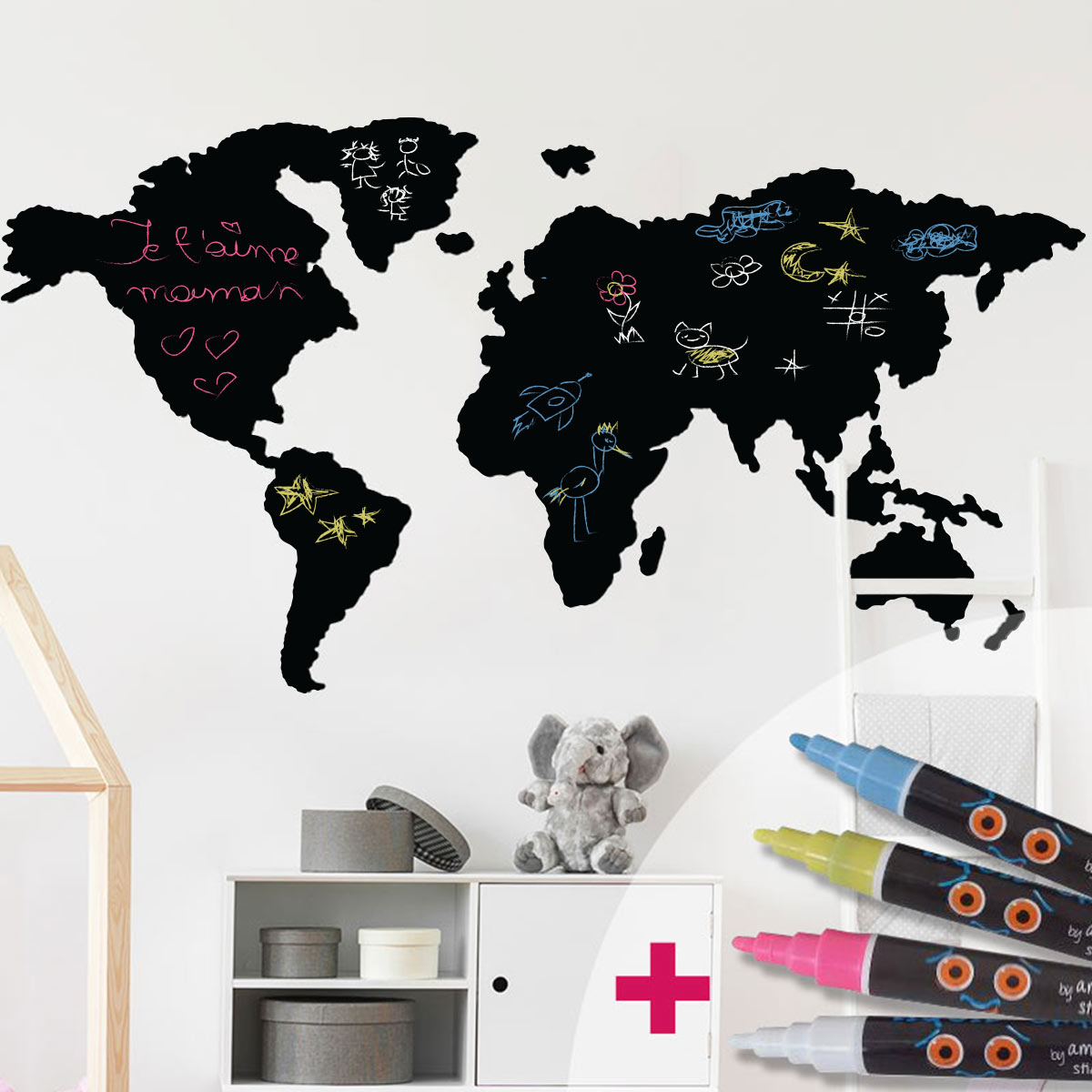 Vinilo pizarra mapa del mundo + 4 tizas liquidas - adhesivo de pared ...