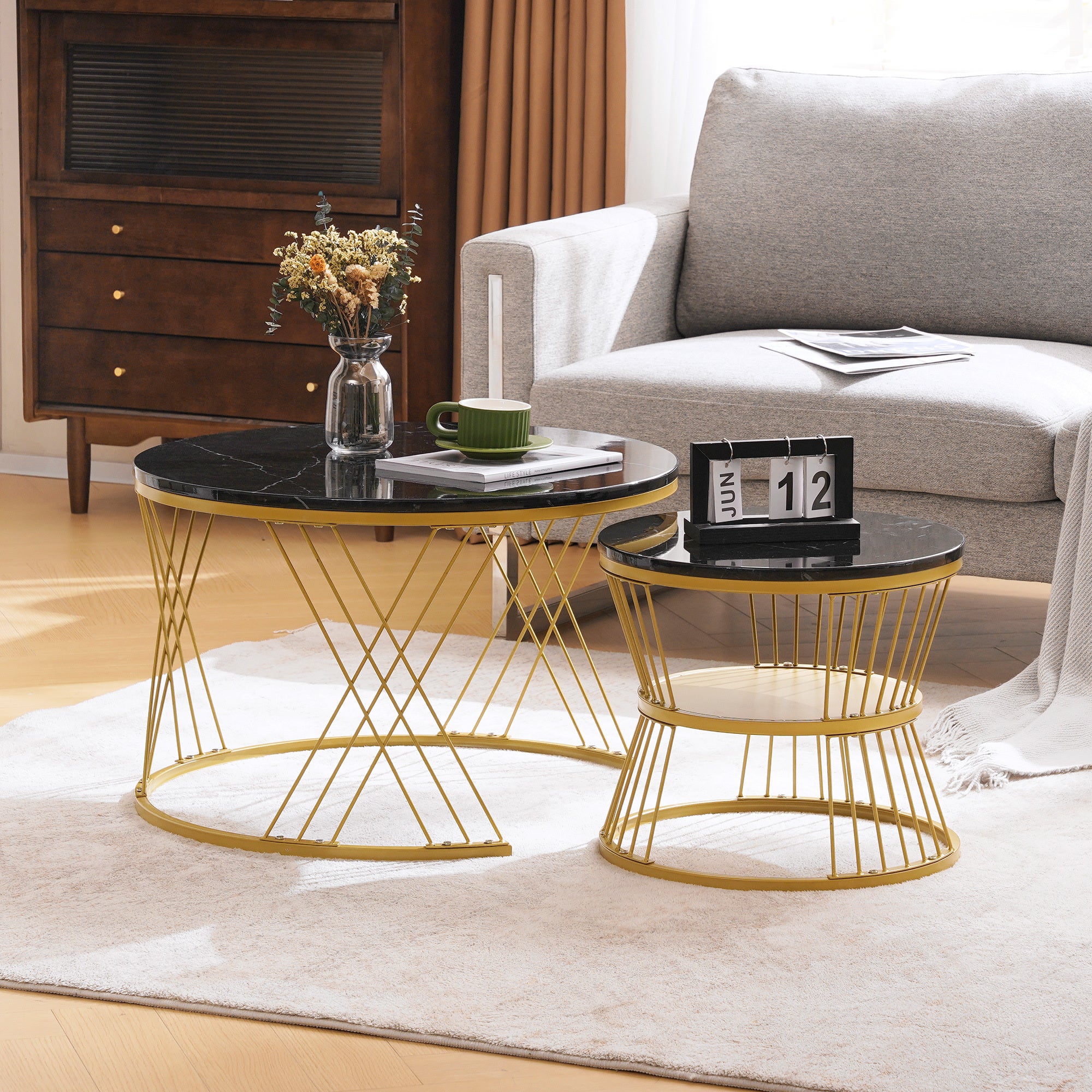 Lot de 2 Table Basse Moderne Gigogne,Table d'appoint en Marbre Plaqué ...
