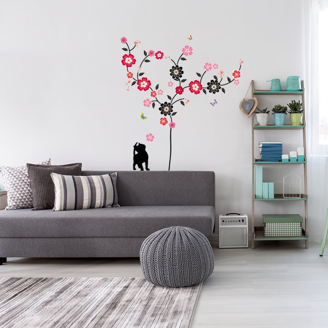Adhesivo árbol en flor, gato y mariposas - adhesivo de pared ...