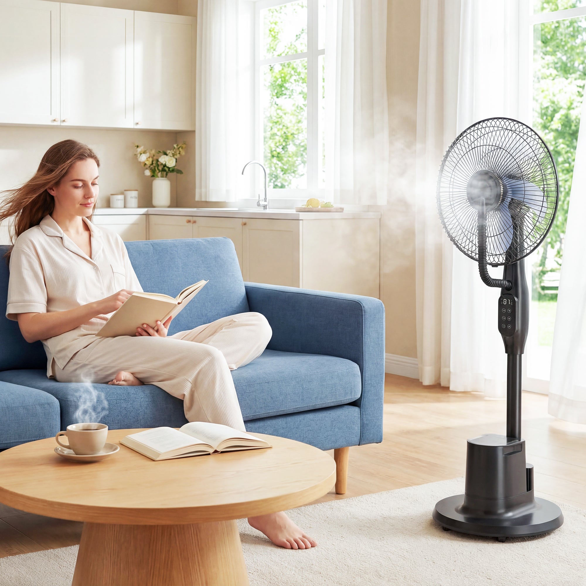 Ventilateur debout brume oscillation 70° 3 vitesses 3 modes réservoir ...