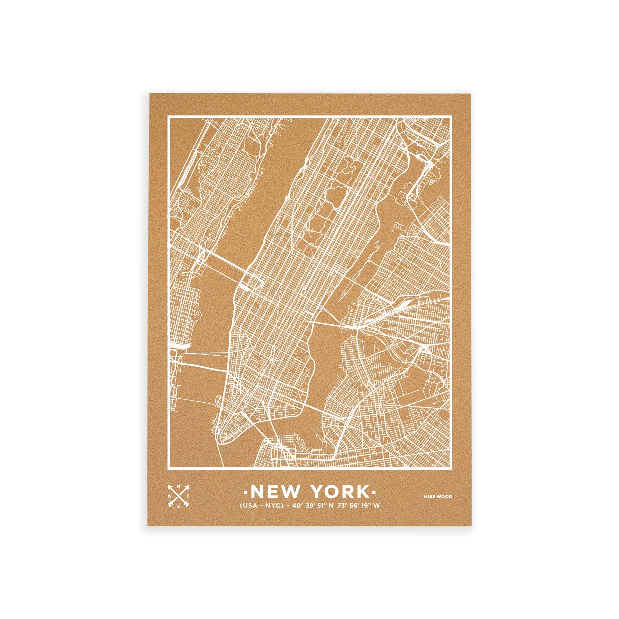 Mapa de corcho - Woody Map Natural Nueva York / 60 x 45 cm / Blanco ...