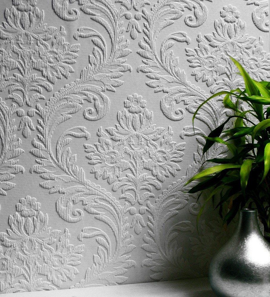 Papier peint vinyle à peindre lessivable damas texturé en haut-relief ...
