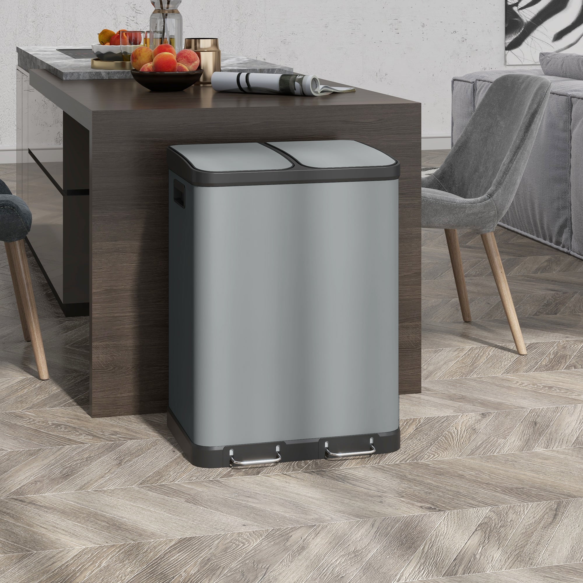 Poubelle double bac gris 2x30L à pédale anti-empreinte bacs intérieurs ...