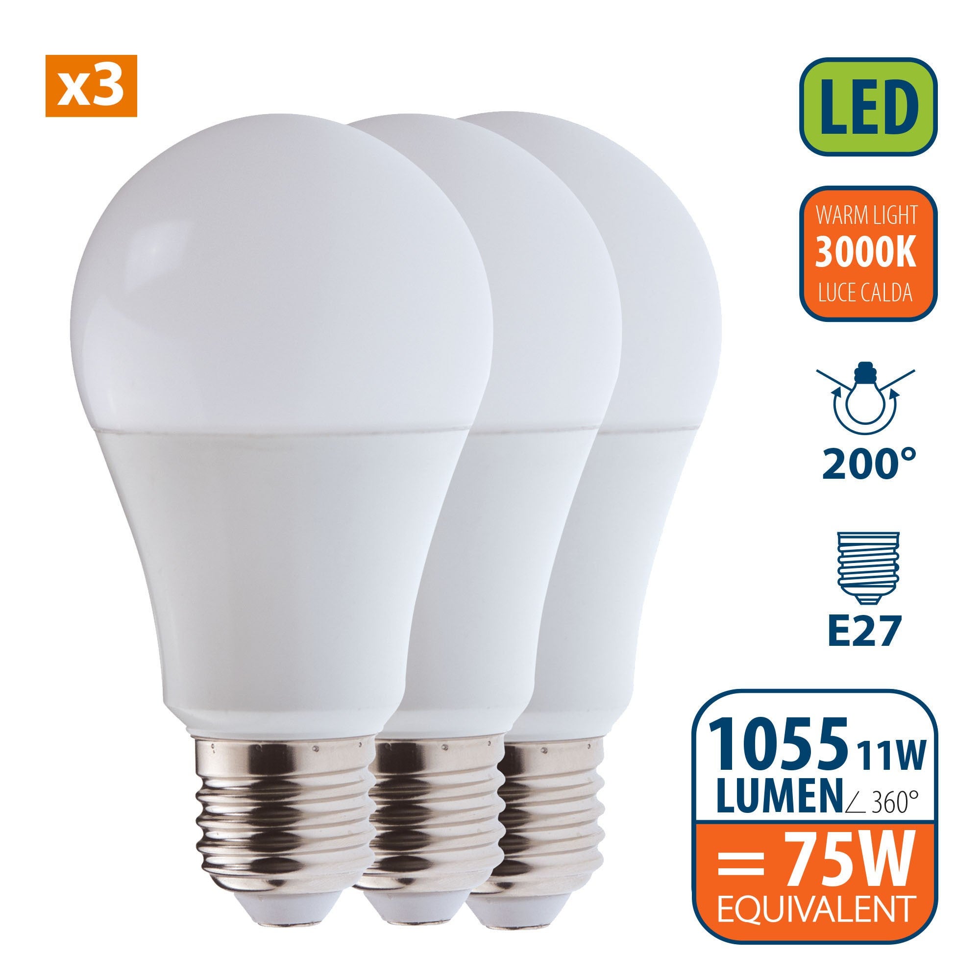 Pack de 3 ampoules LED SMD, Standard A60, 11W / 1055lm, culot E27 ...