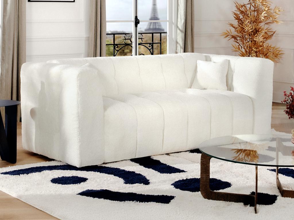 Kanapa 3-osobowa rozkładana typu express z beżowej bukli - Miejsce do spania 140 cm - Materac 13 ...