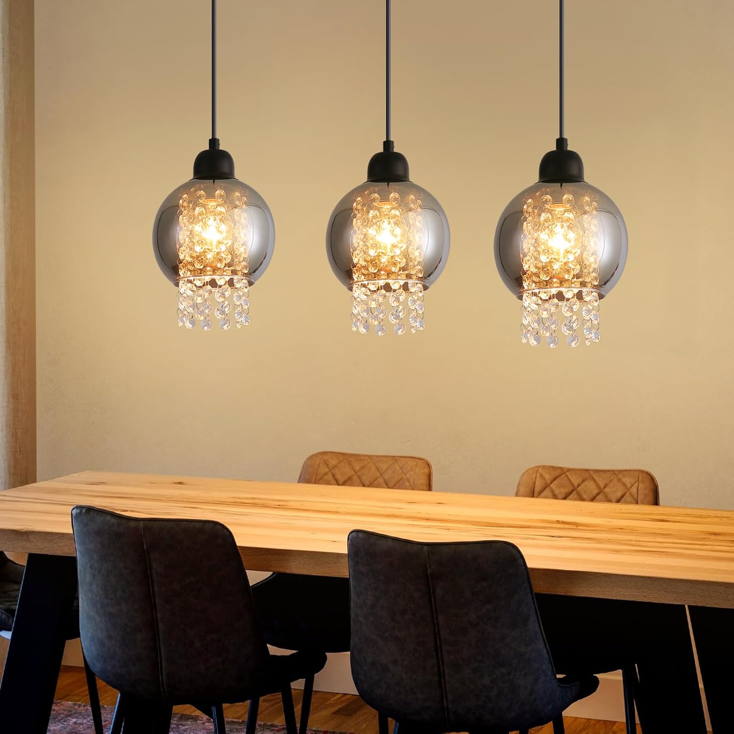 ZMH Suspension Lustre salle à manger 3 flammes E27 cristal Ruachgrau ...