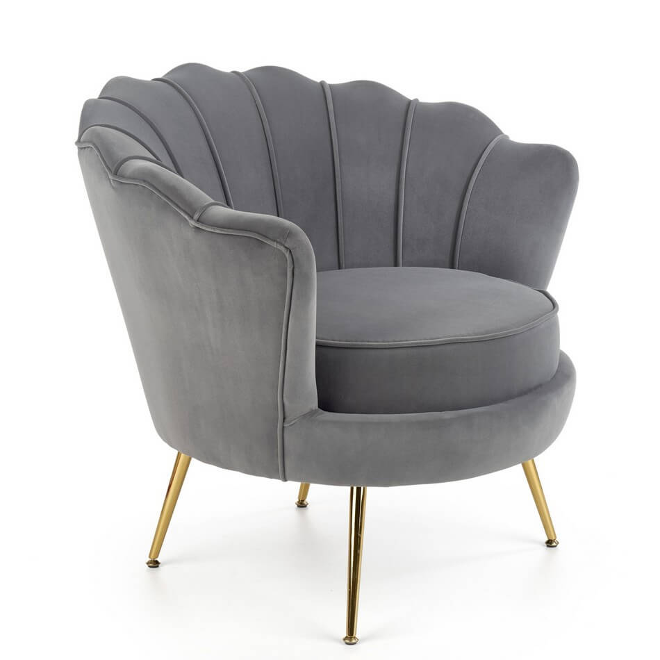 Sillón de concha de terciopelo gris con patas doradas CAPRICA | Leroy ...