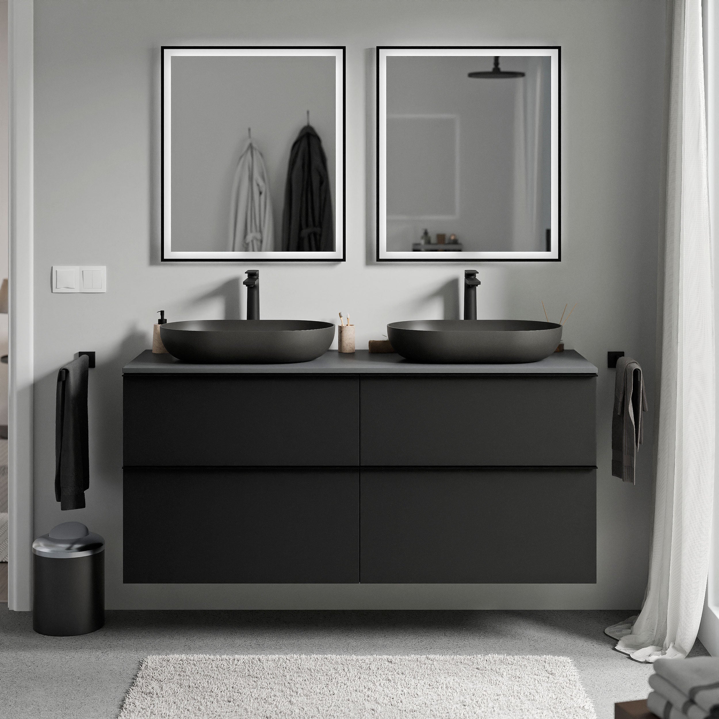 BERNSTEIN, Mueble de lavabo suspendido MDF negro mate, plano de lavabo ...