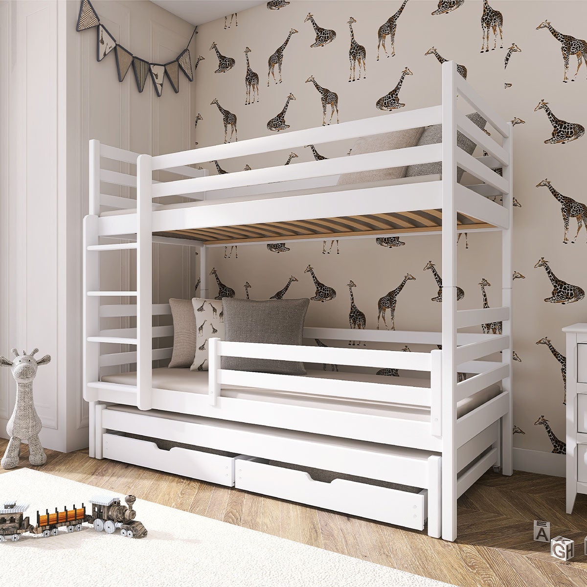 Lit superposé 90x200 sommier lit gigogne et tiroirs inclus Léo Blanc ...