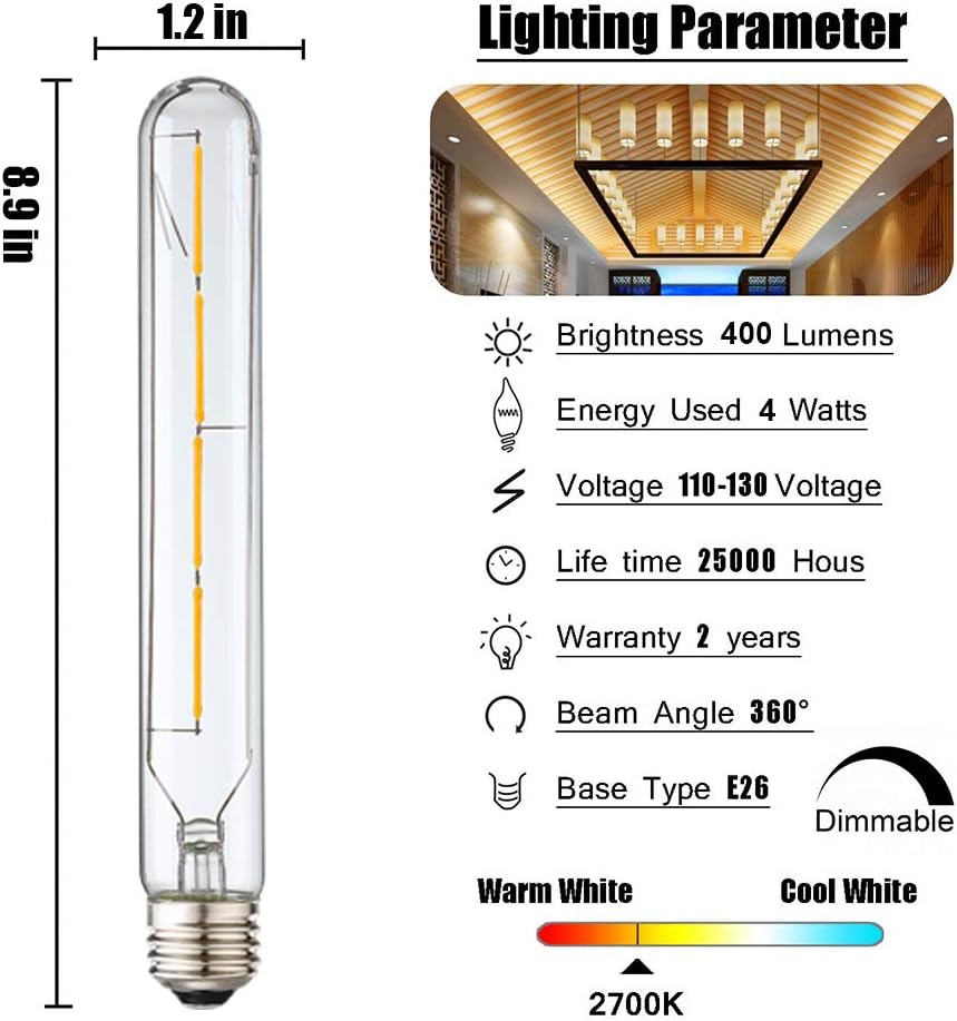 Ampoule tubulaire dimmable 4W, équivalent à 40 watts, ampoule à filament LED rétro style E26 ...