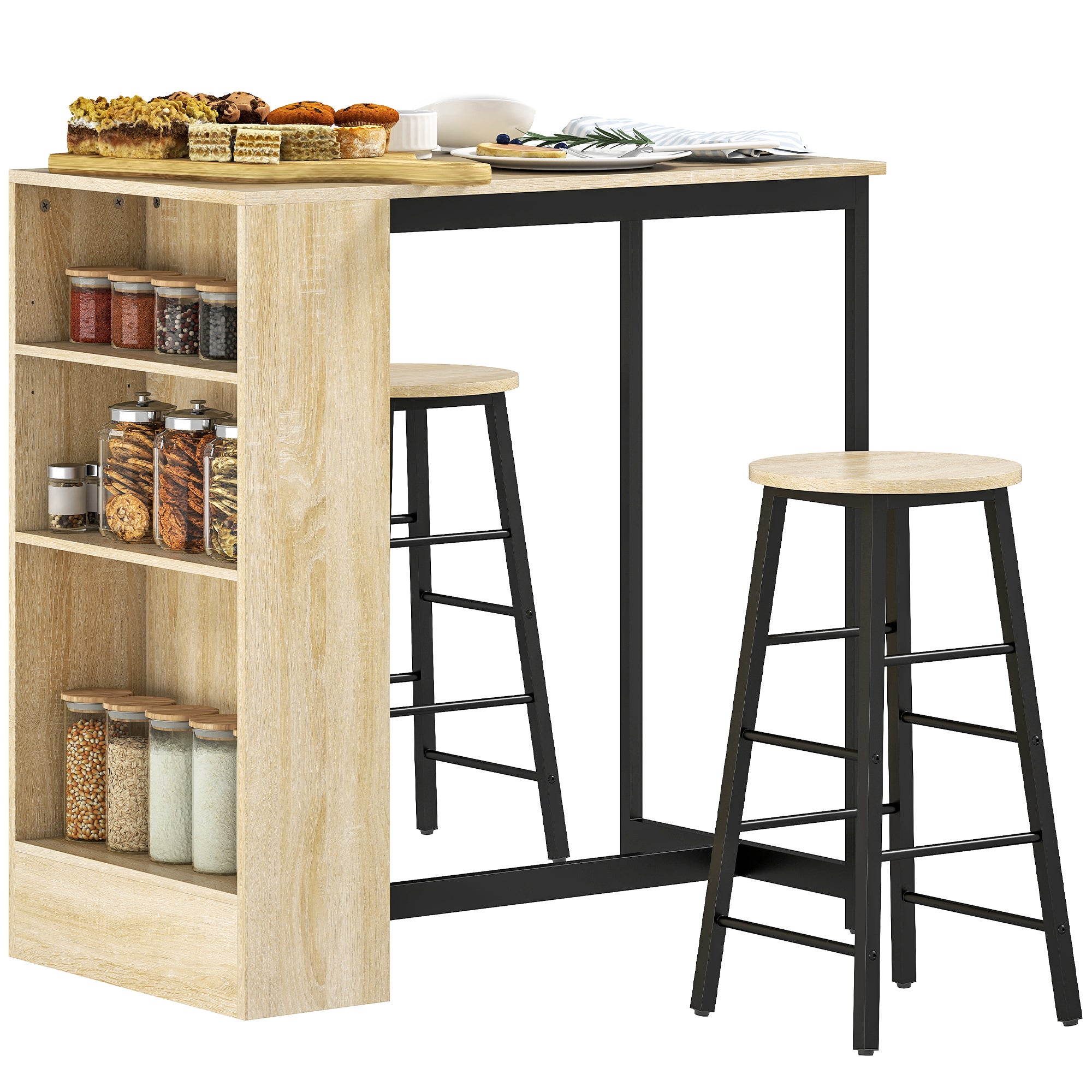 Ensemble table de bar avec tabourets,compartiments ouverts,étagère ...