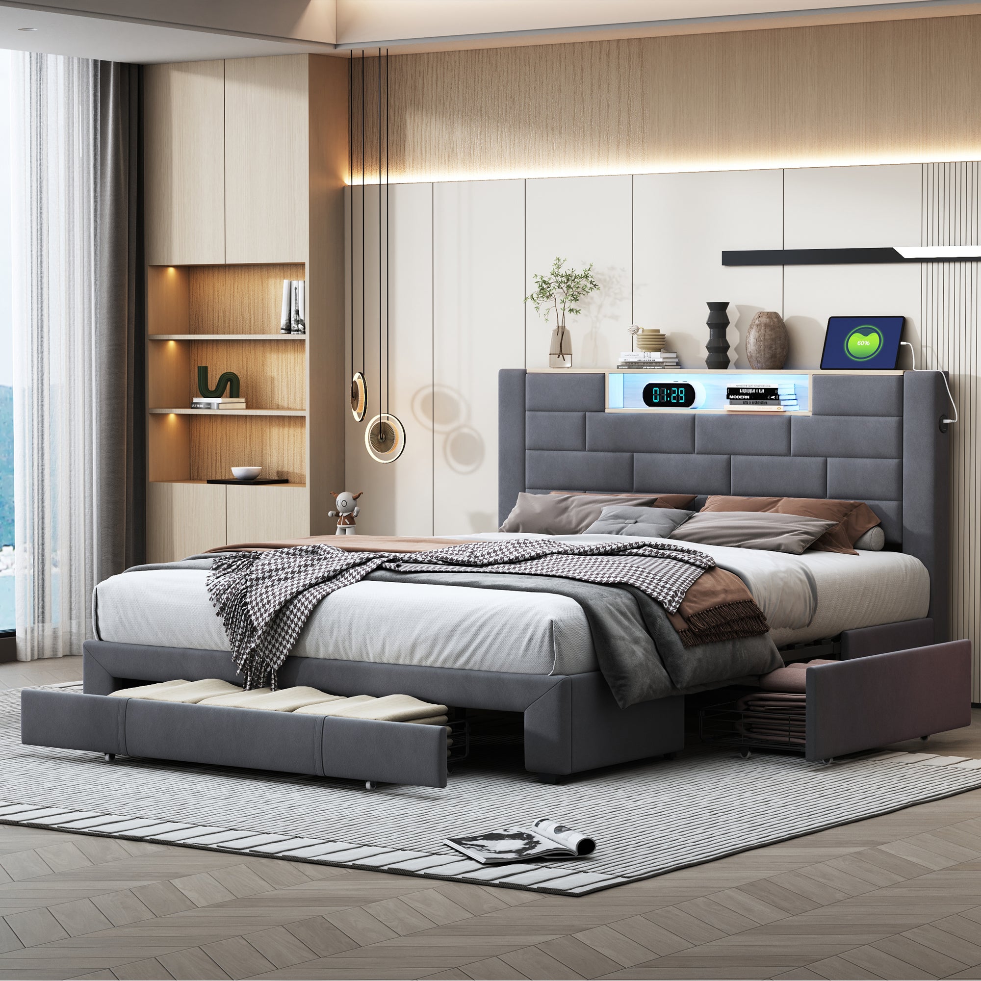 Lit double 160x200 cm, velours gris, LED tête de lit, 3 tiroirs, USB ...
