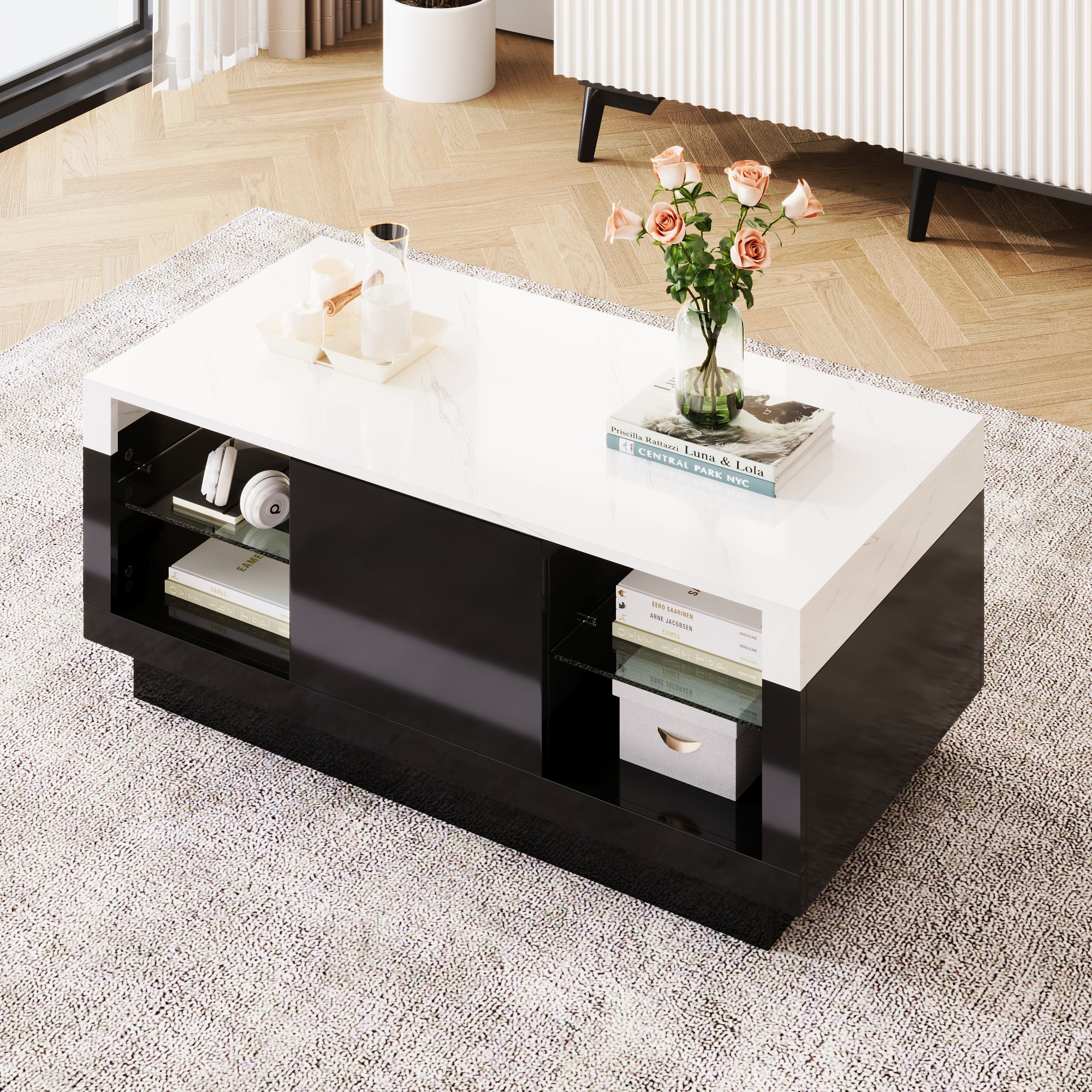 Table basse avec 2 étagères en verre et un tiroir - 100 x 50 x 42 cm ...