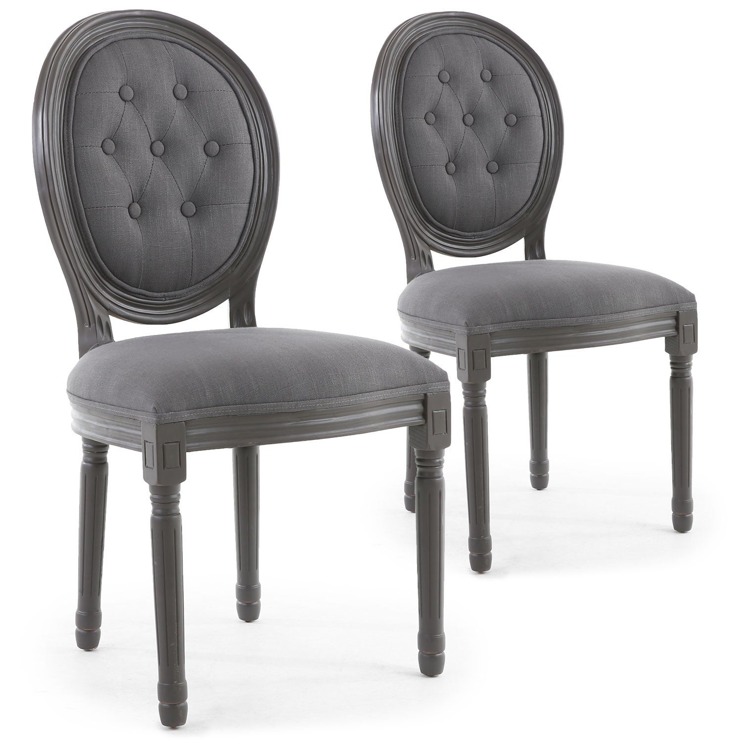 Chaise médaillon bois patiné gris et velours capitonné gris Louis XVI ...