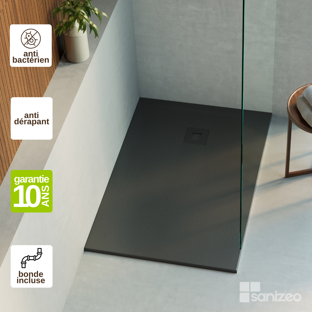 Receveur de Douche Extraplat 160x80x3cm Noir en Résine Minérale ...