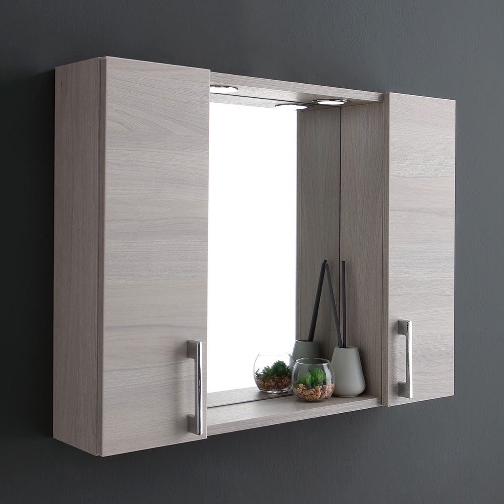 SPECCHIO BAGNO CONTENITORE CON DUE PENSILI LEGNO ROVERE GRIGIO E LED ...