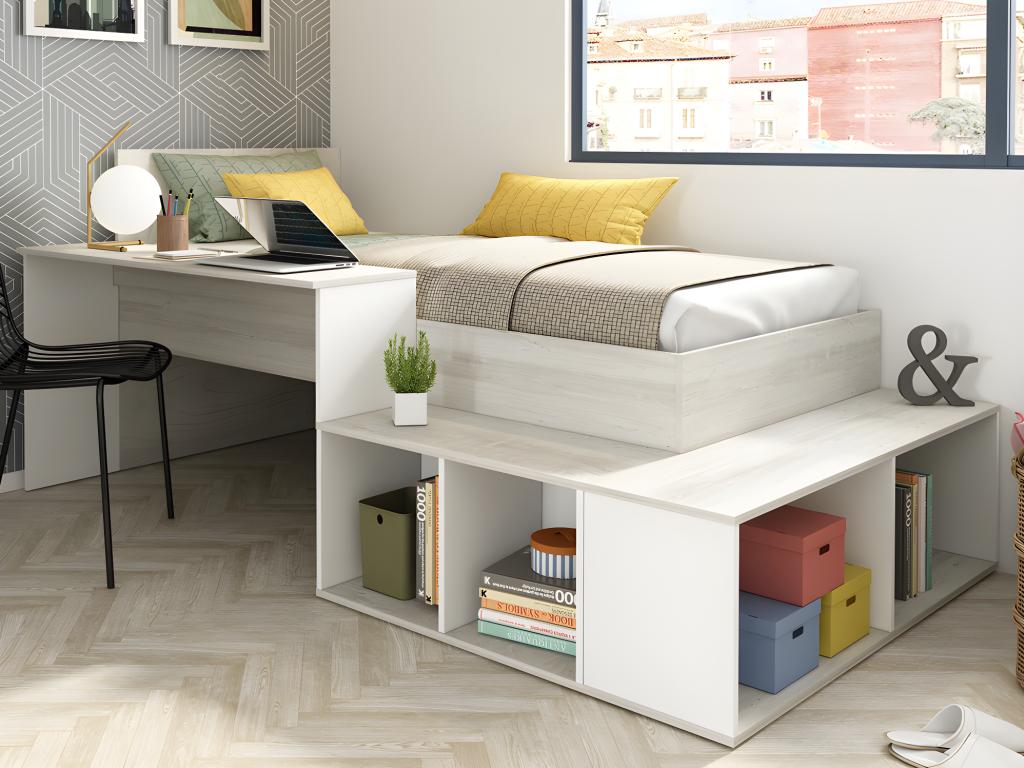 Lit combiné 90 x 200 cm avec rangements et bureau - Coloris : Naturel ...