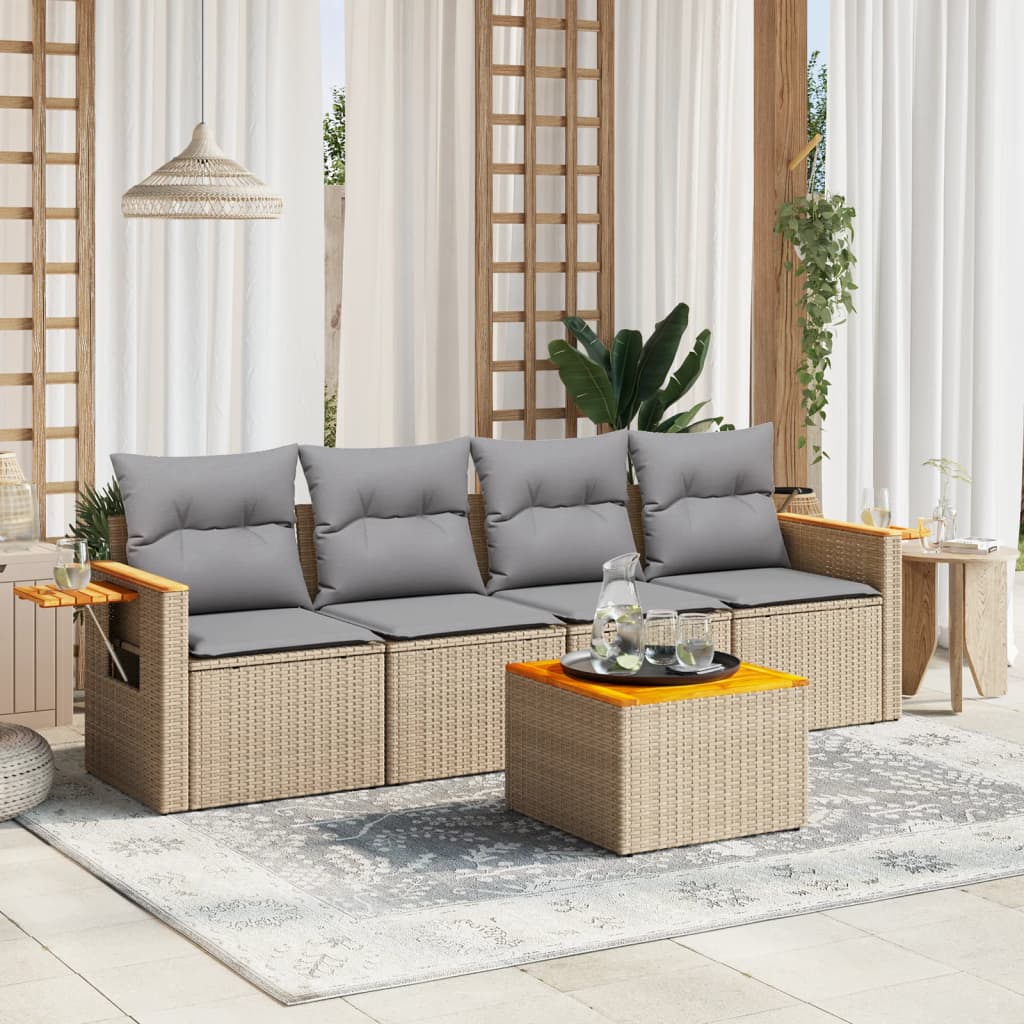 Muebles de jardín con cojines 5 piezas resina tejida beige | Leroy Merlin