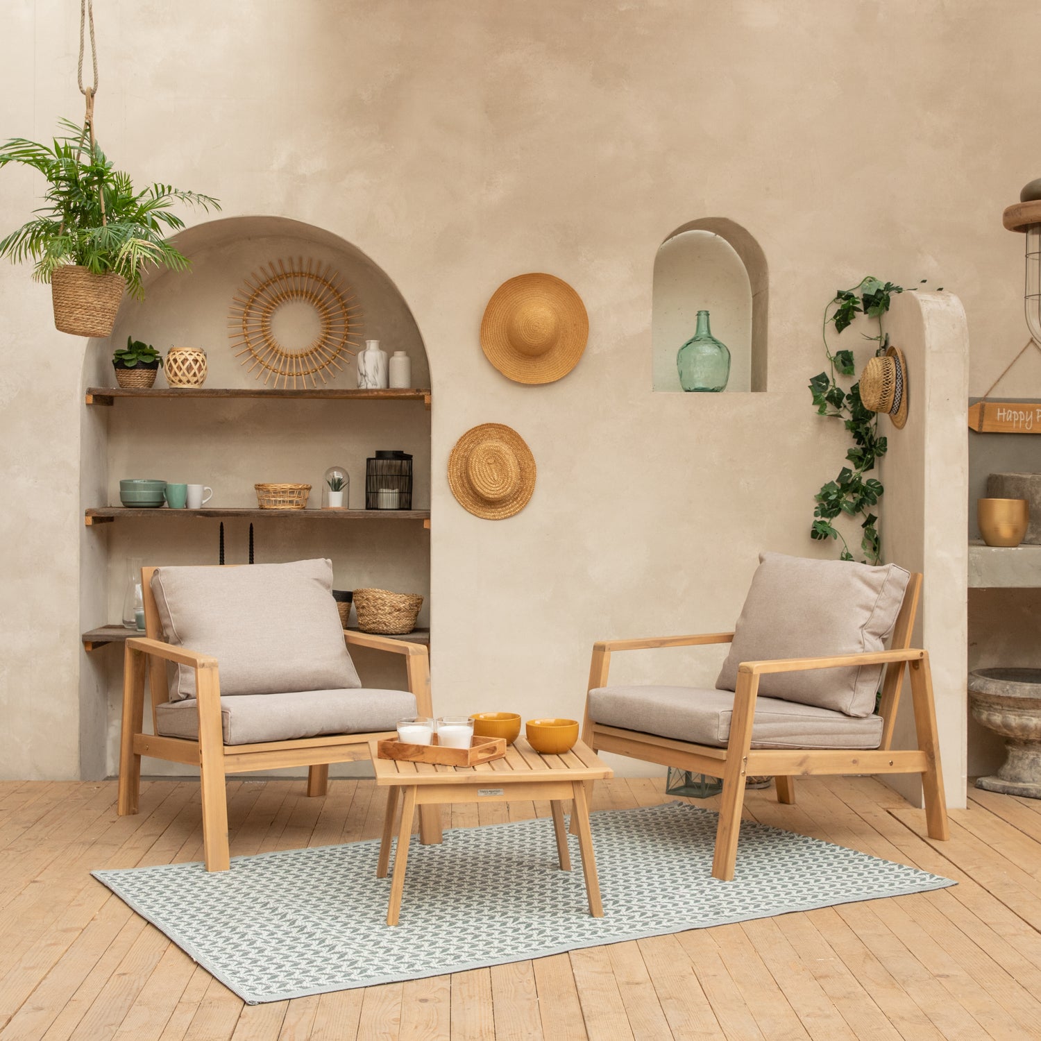 Salon de jardin en acacia 2 places GILI - coussins sable | Leroy Merlin