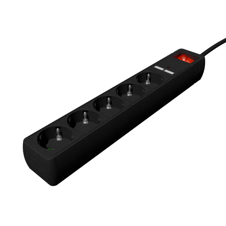REGLETA CON CARGADOR USB, 5 ENCHUFES, 1.5 M, USB 2A, COLOR NEGRO ...