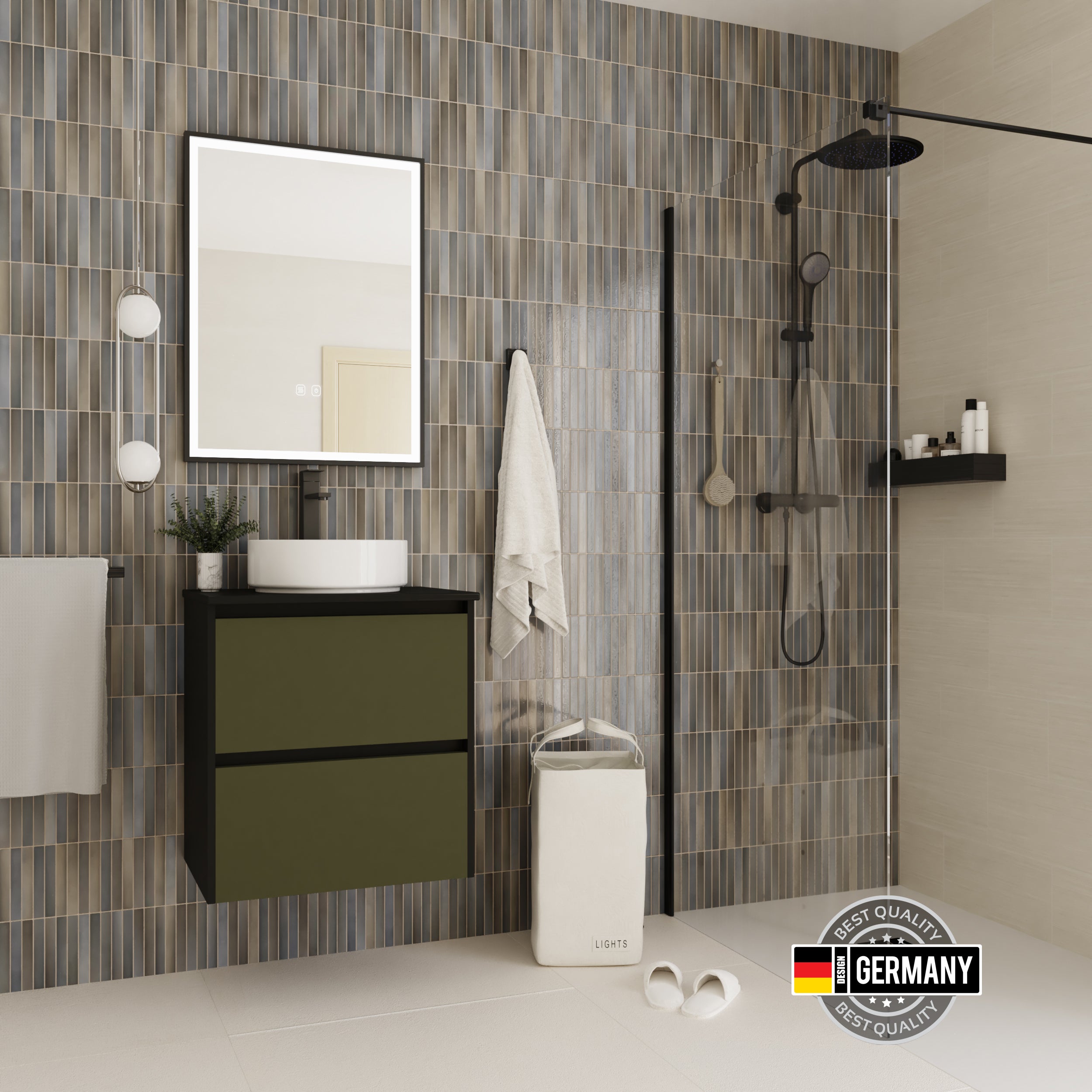 MEUBLE SALLE BAIN MURAL NEUSS|60 CM OLIVE|2 TIROIRS AVEC PLAN ET LAVABO ...