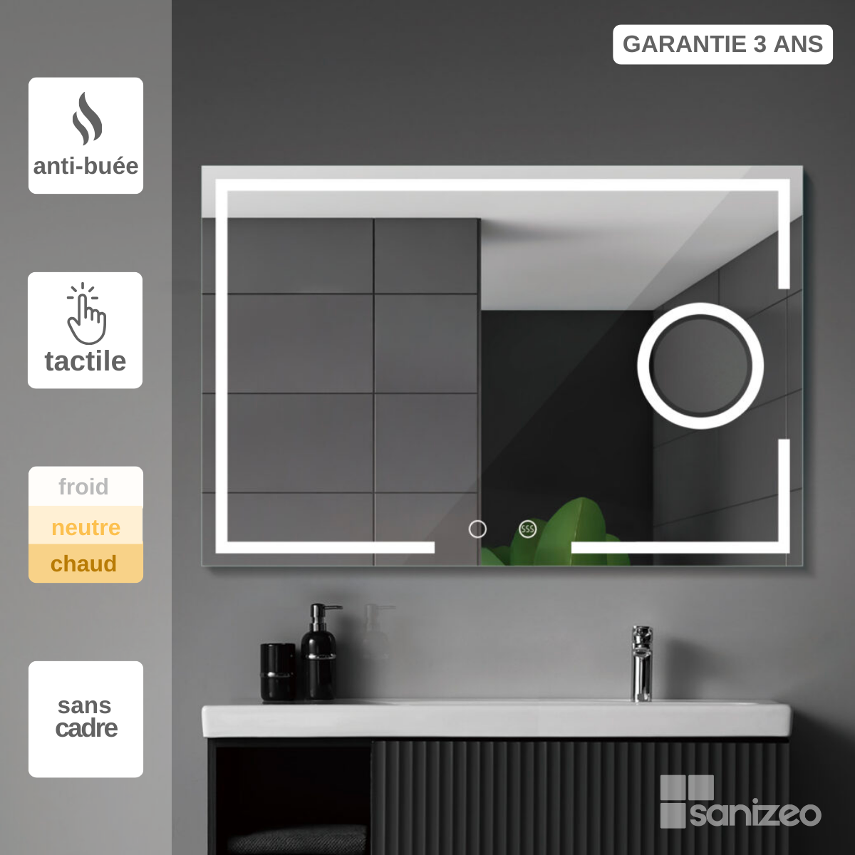 Miroir Salle de Bains Lumineux Éclairage Intégré Tri Led Frontal L90 x ...