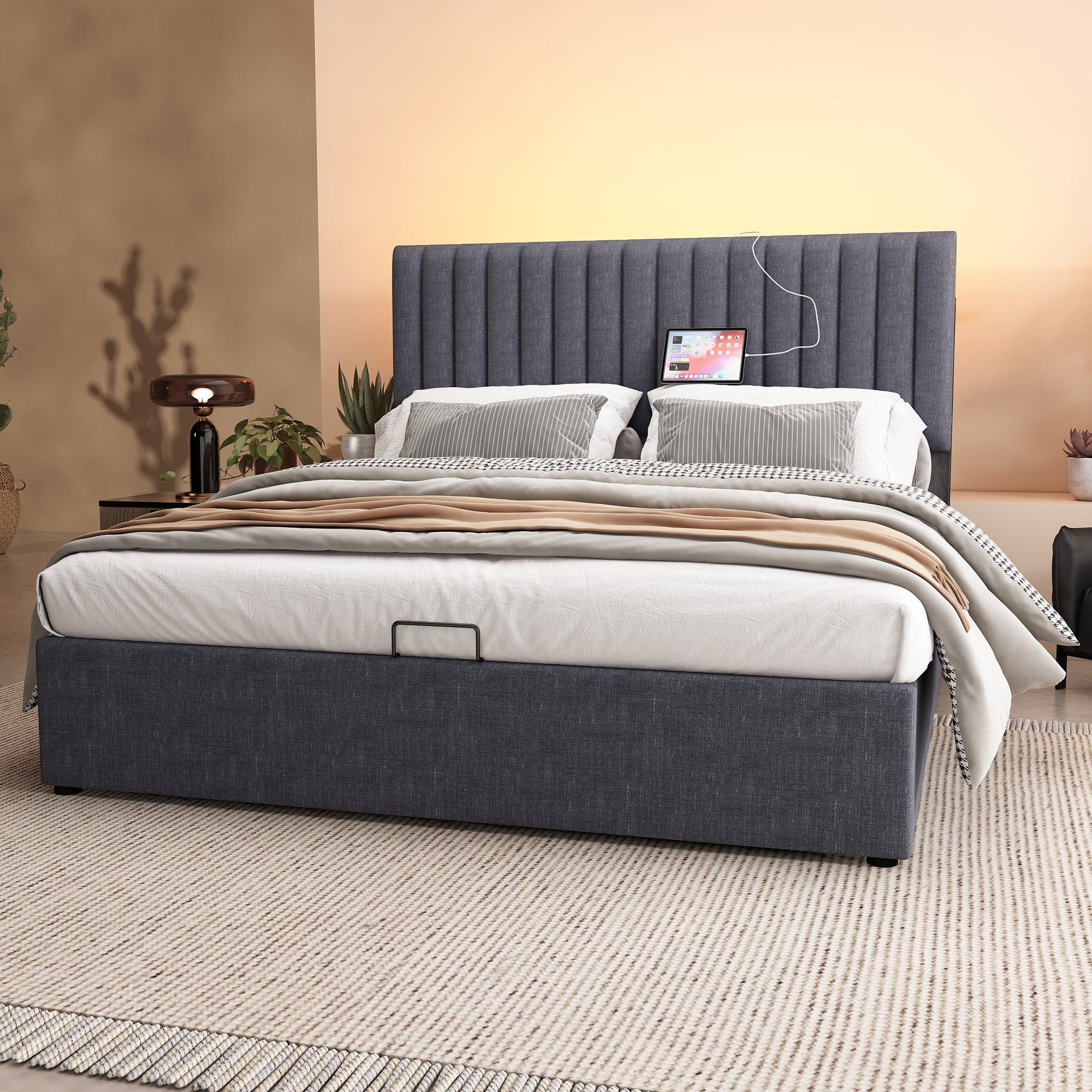 Cama con almacenaje acolchada de lino con puertos de carga y LED ...