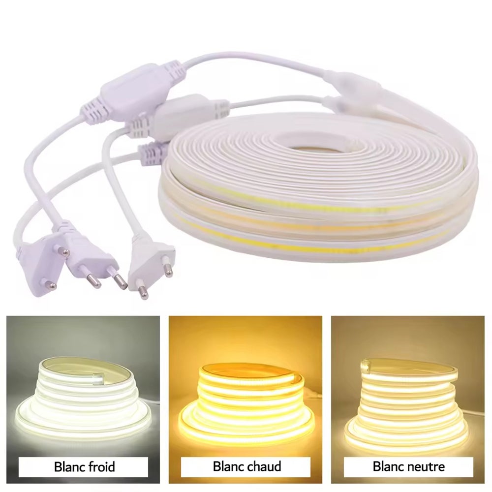Ruban LED 220V AC COB Silicone FLEX IP65 - 1 Mètre 6000K Blanc froid ...