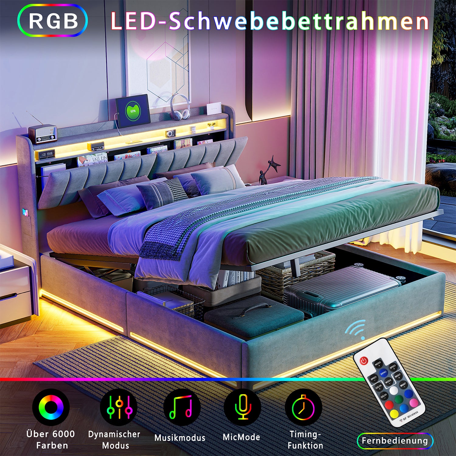 Lit double 140 x 190 cm, éclairage LED, tête de lit, port USB ...