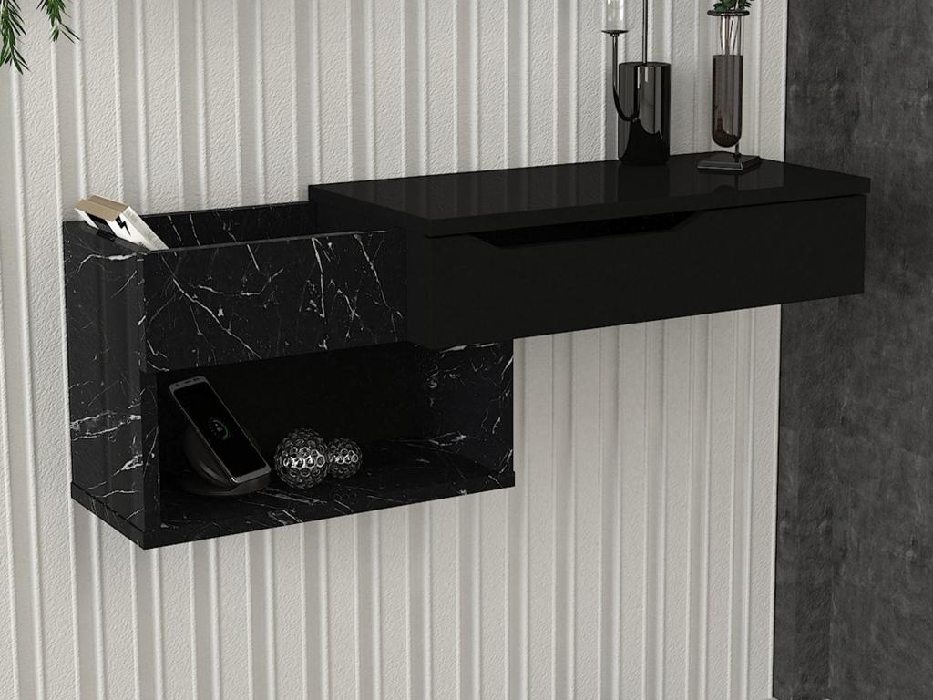 Console suspendue avec 1 tiroir et 2 niches - Effet marbre noir ...
