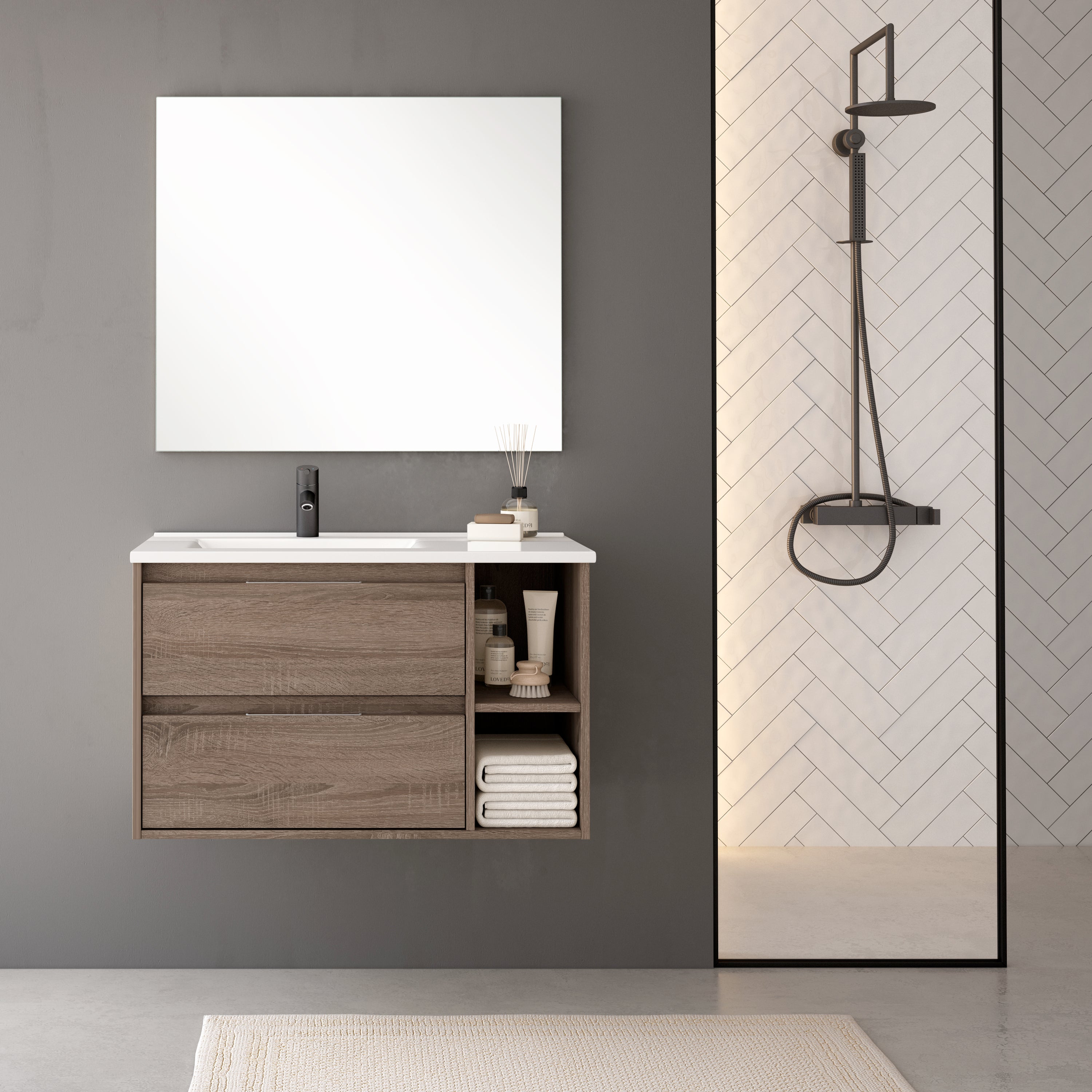 EGORE Pack Meuble de salle de bain avec lavabo + Miroir METZ 2 Tiroirs ...