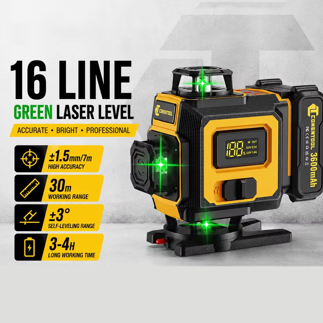 Niveau laser 4D à 16 lignes, autonivelant à ligne verte, niveau laser ...