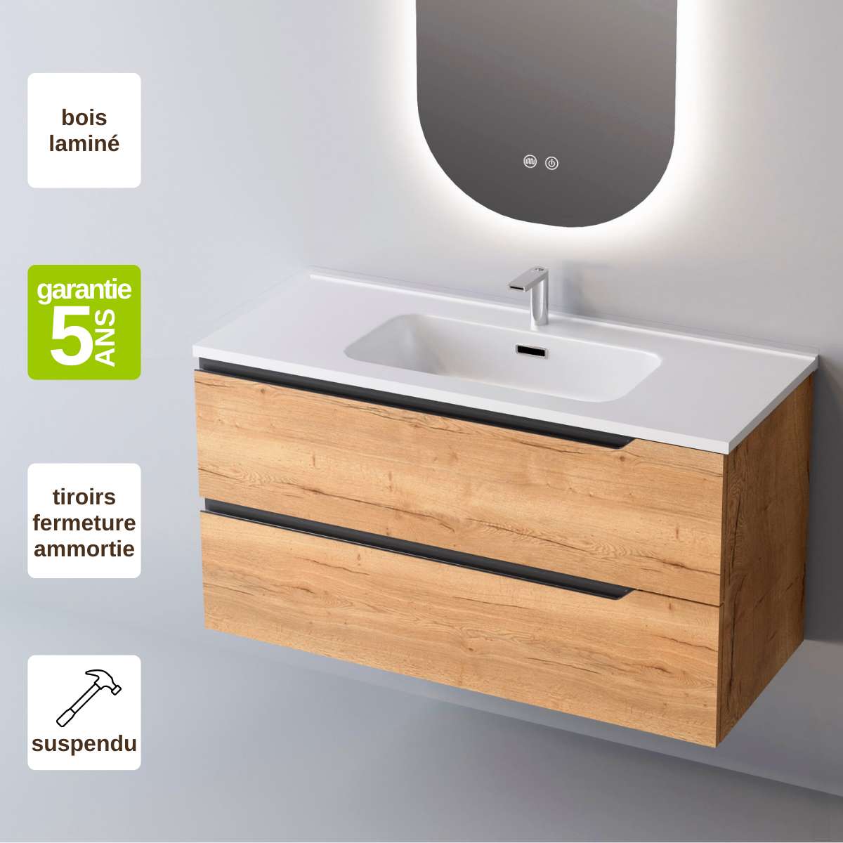 Meuble salle de bain DUO 61cm – Plan vasque solide surface, 2 tiroirs ...