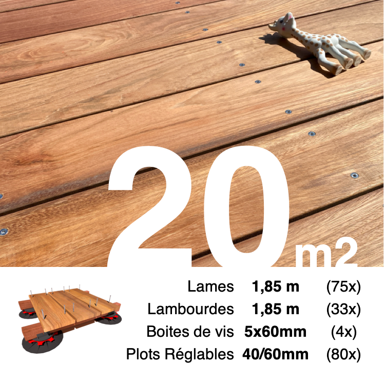 Kit complet terrasse bois exotique JATOBA pour 20 m² • Lames 1,85 m ...