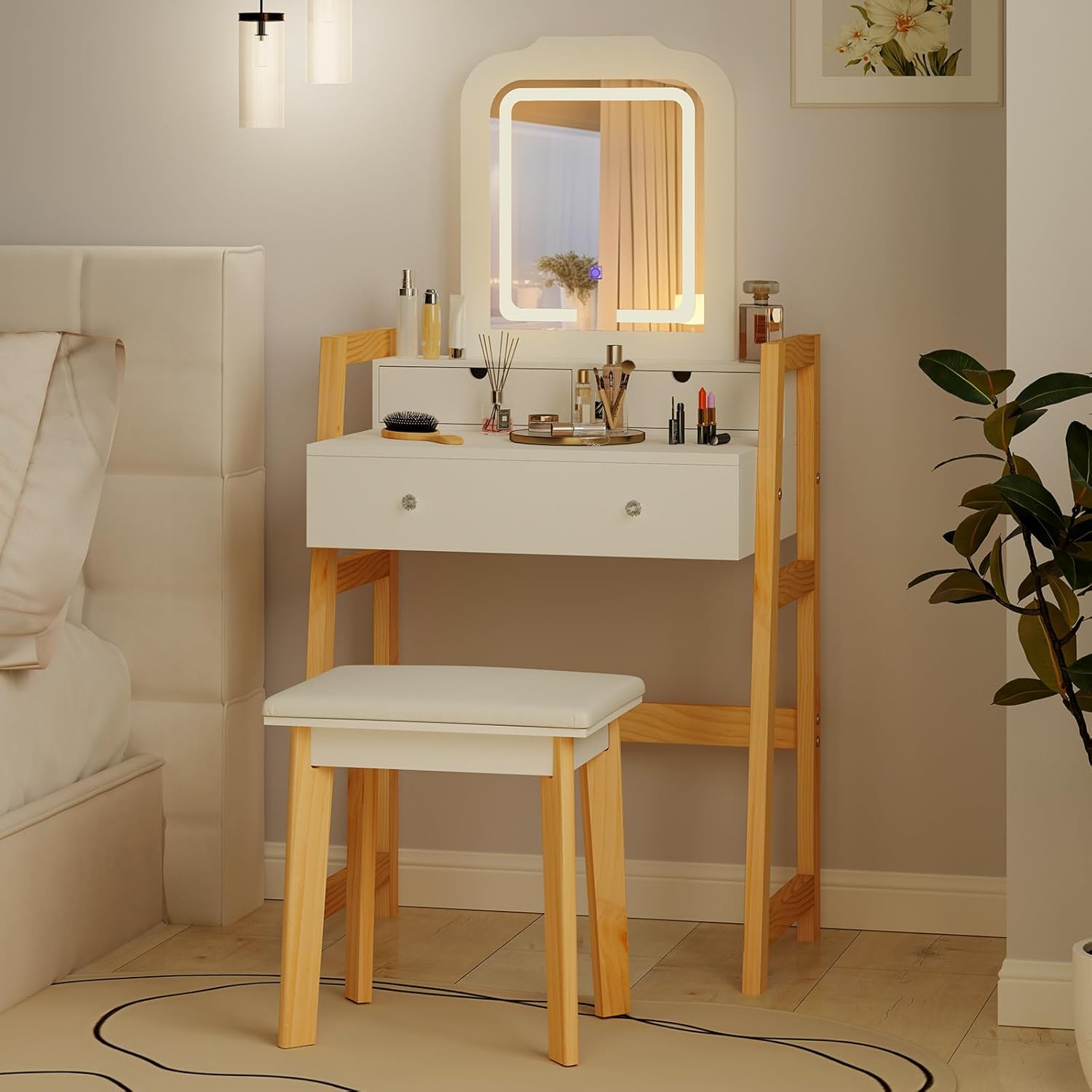 Coiffeuse LED avec Miroir et Tabouret Adulte en Bois, 3 Modes d ...