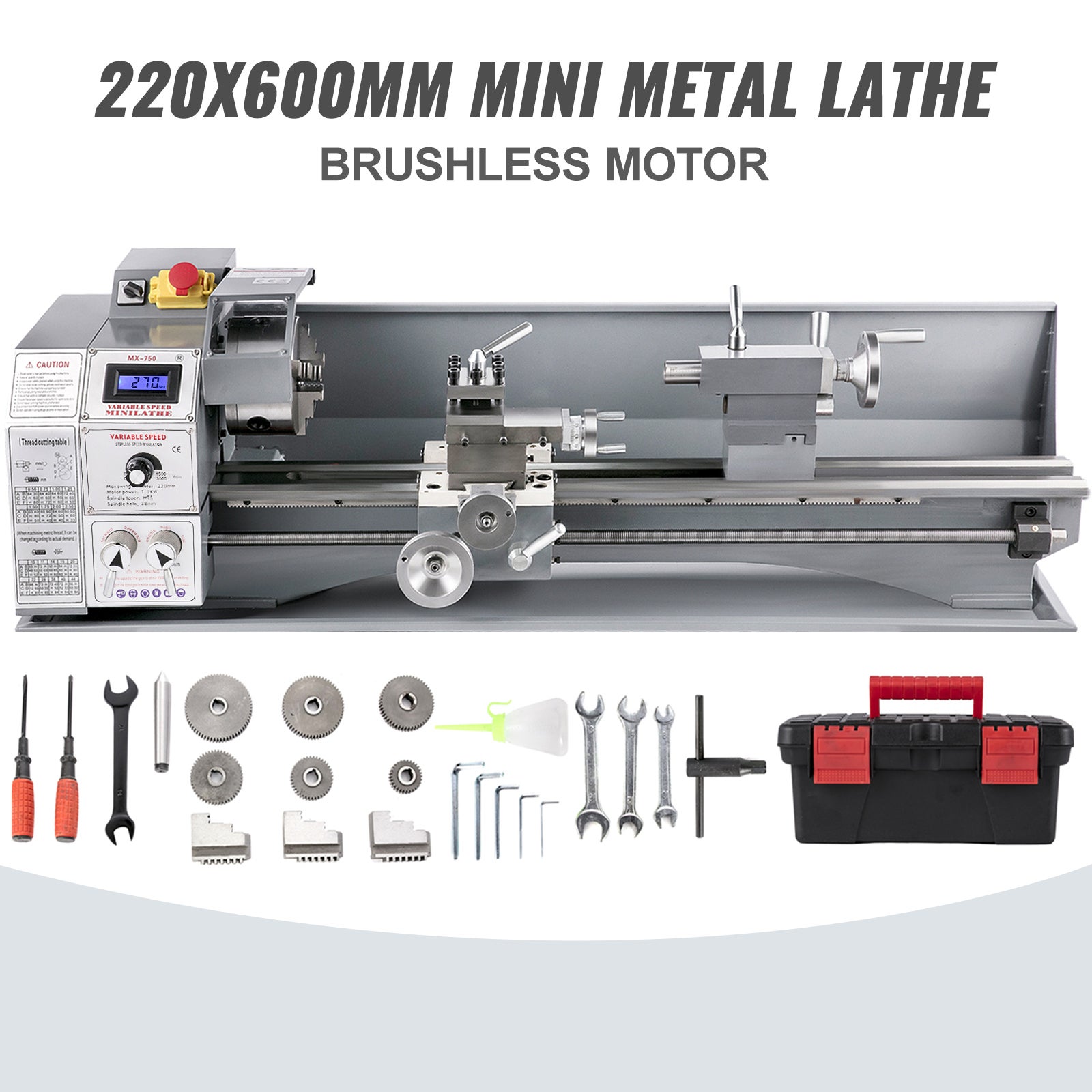 Tour a Metaux Mini Tour de Haute Precision 220x600 mm, 750 W Tour ...