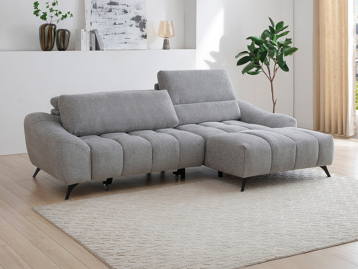 Canapé d'angle droit relax avec assise coulissante en tissu gris ELOSIA ...