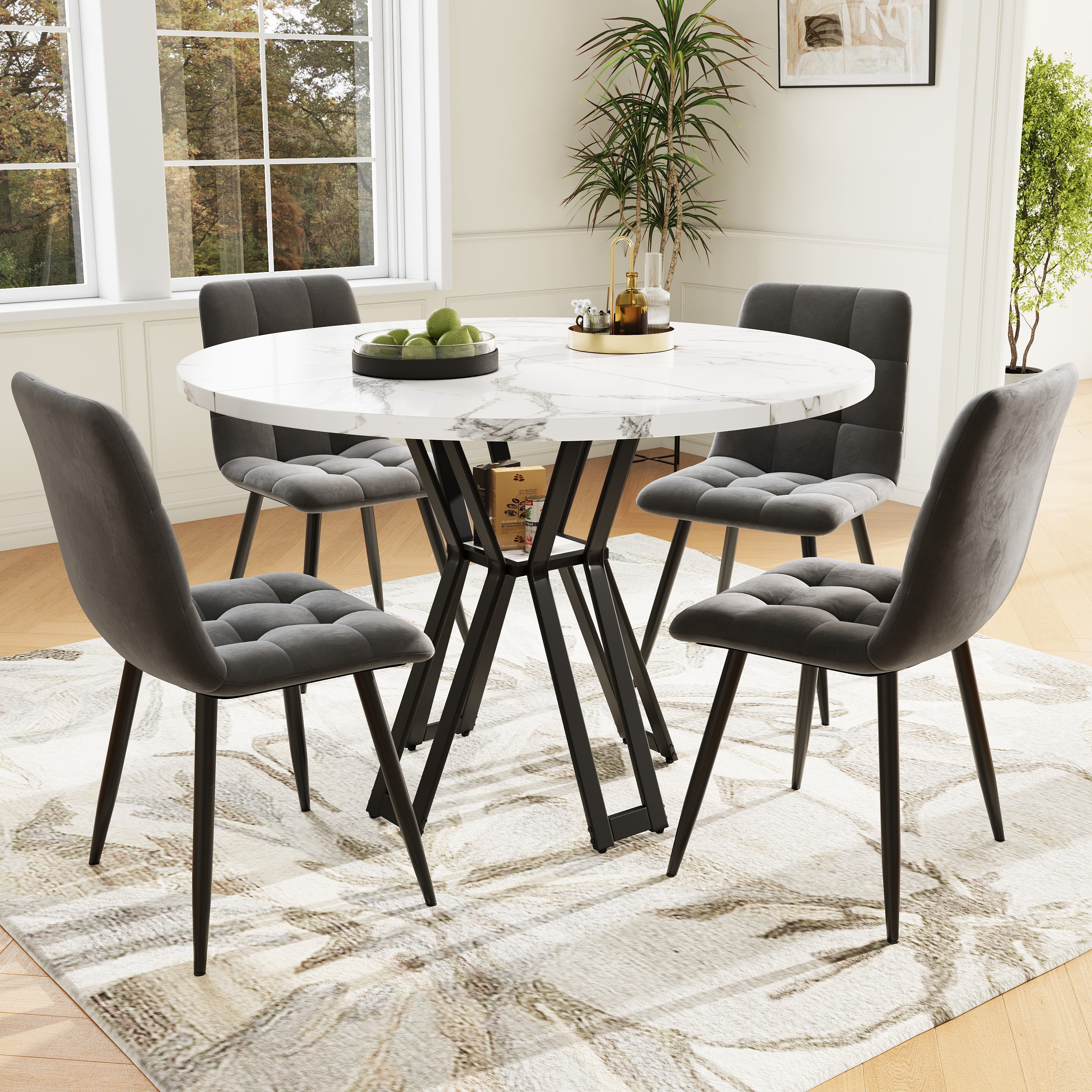 Ensemble table à manger ronde + 4 chaises en velours - D 100 x H 76 cm ...