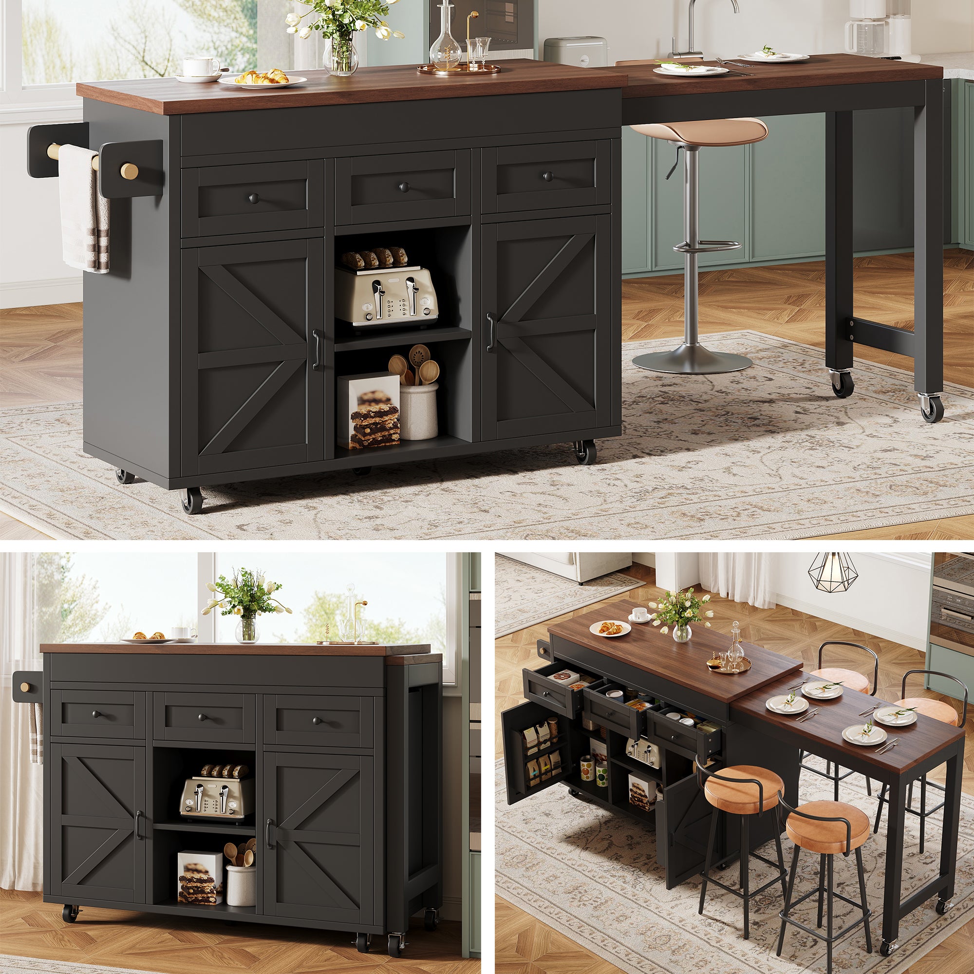 Ilot central de cuisine mobile avec table extensible pivotante - 2 ...