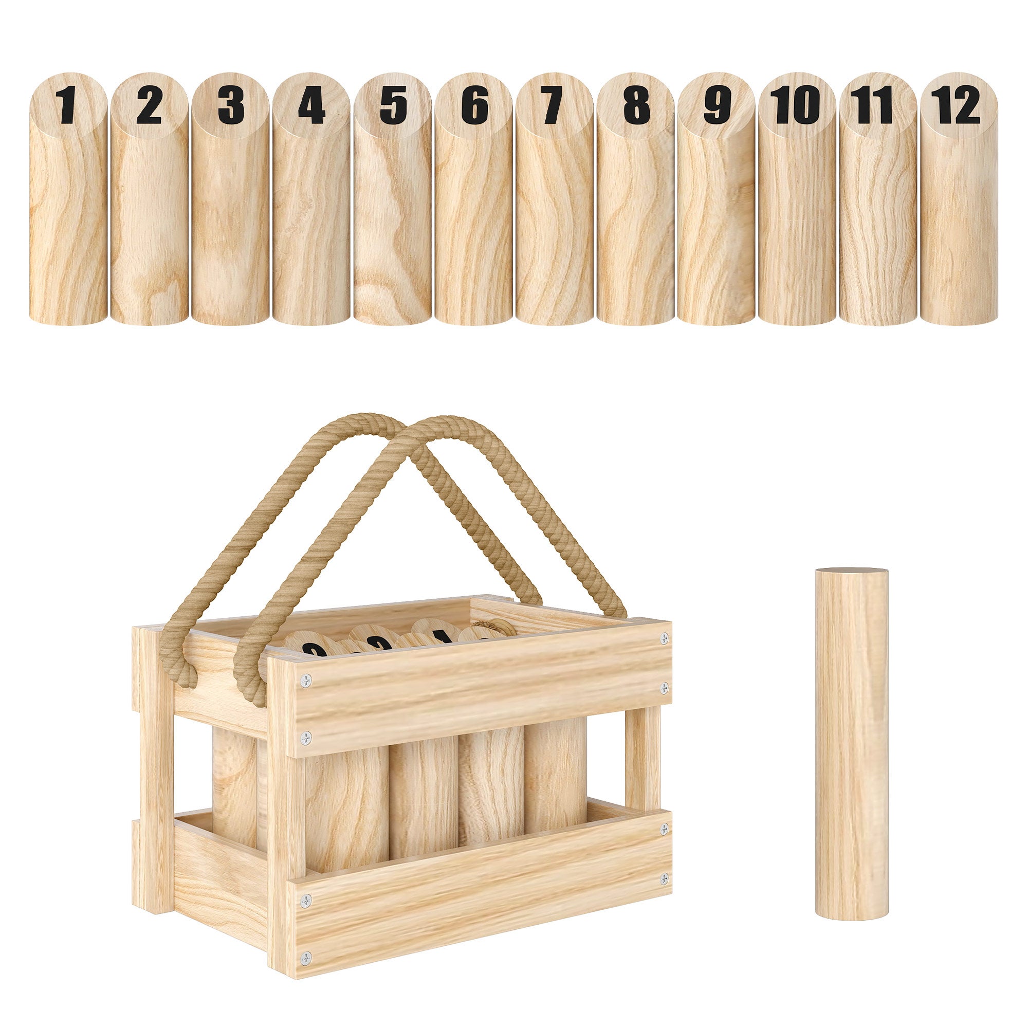 Juego bolos finlandés madera 12 bolos 1 bastón caja transporte adultos ...