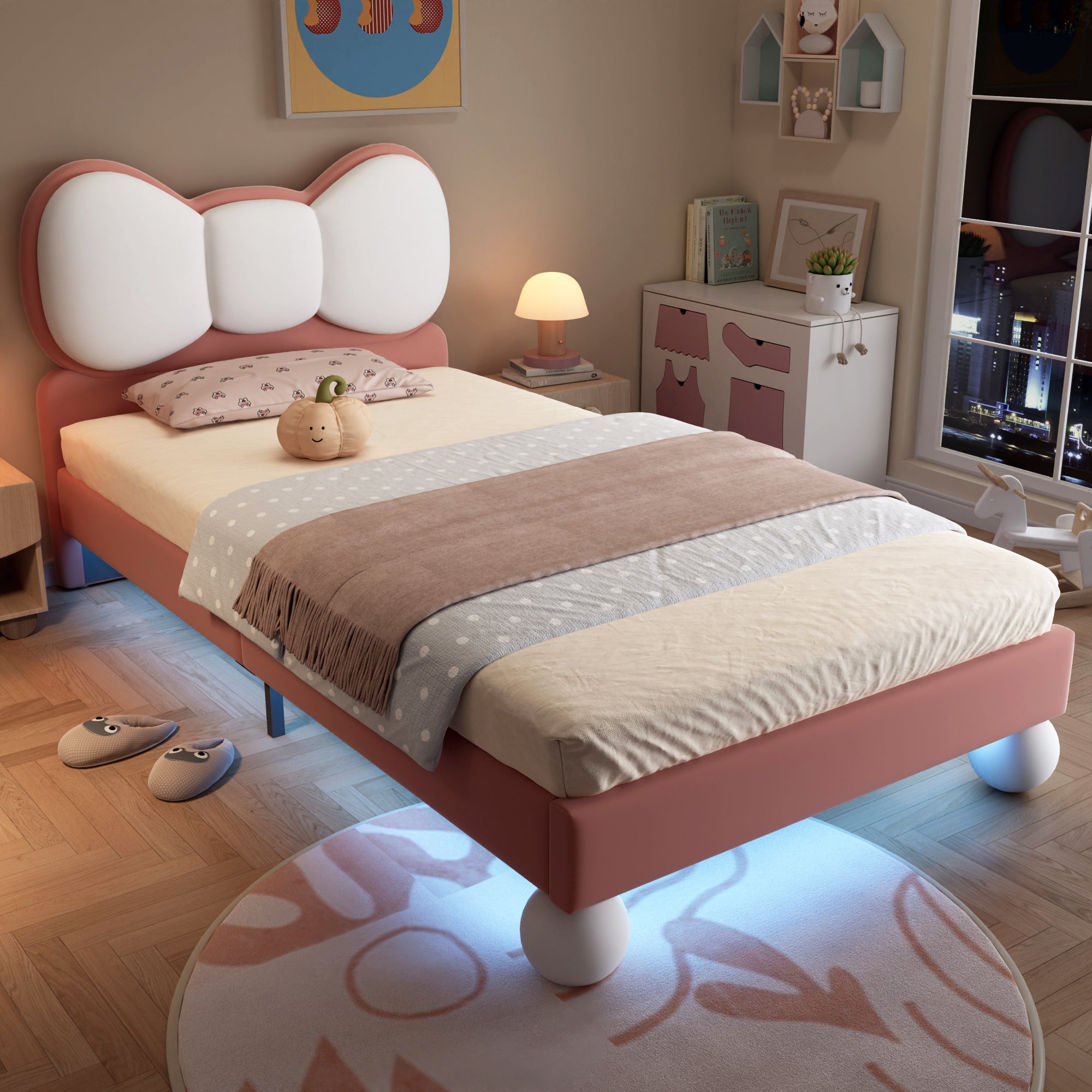 Lit enfant 90x200 cm en velours beige et rose avec tête de lit noeud ...