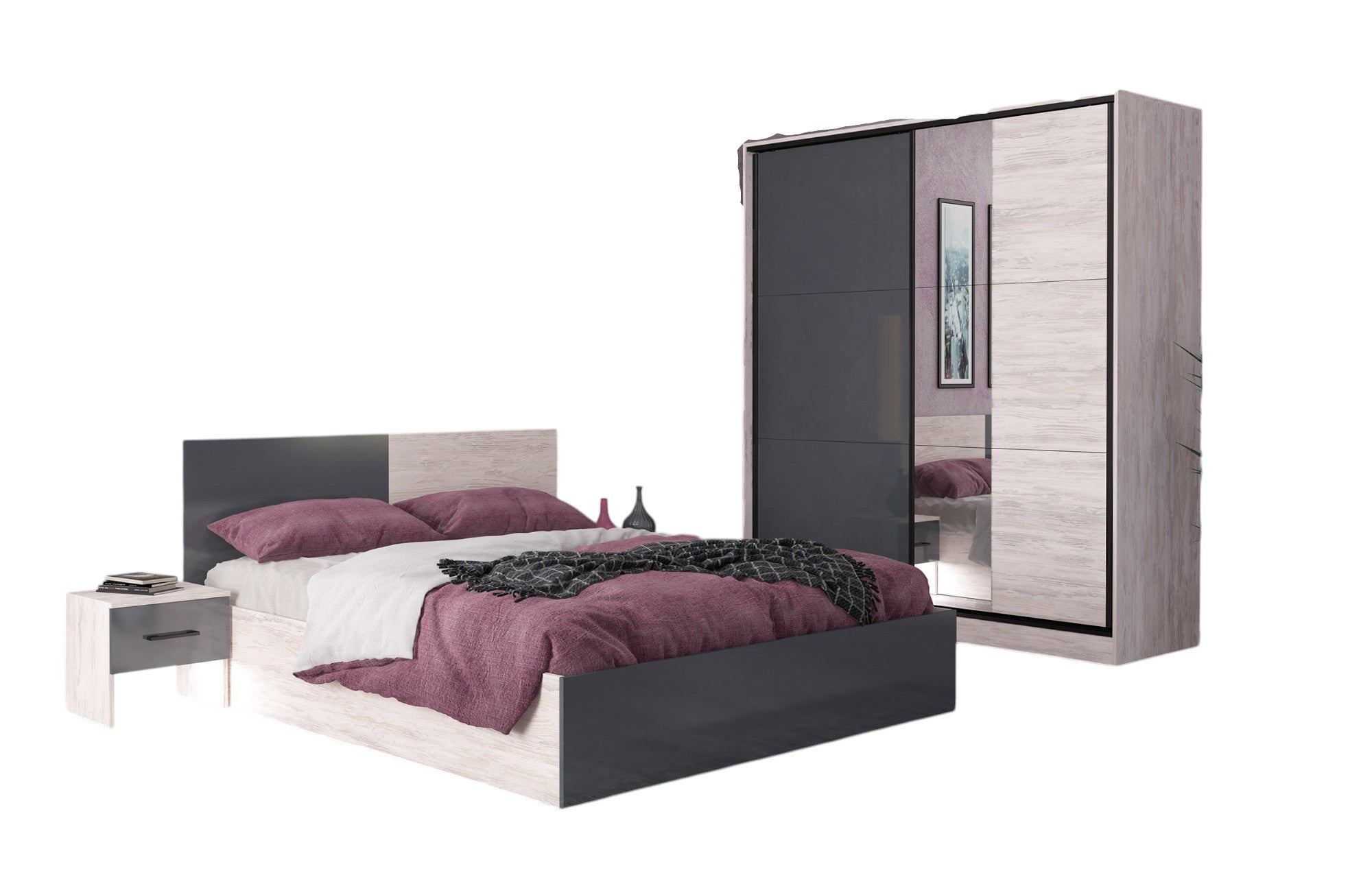 Camera matrimoniale completa 160x200 cm in rovere bianco e grigio ...