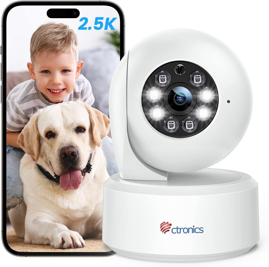 Ctronics 2,5K 4MP Caméra Surveillance WiFi Intérieure, PTZ 355°/120 ...