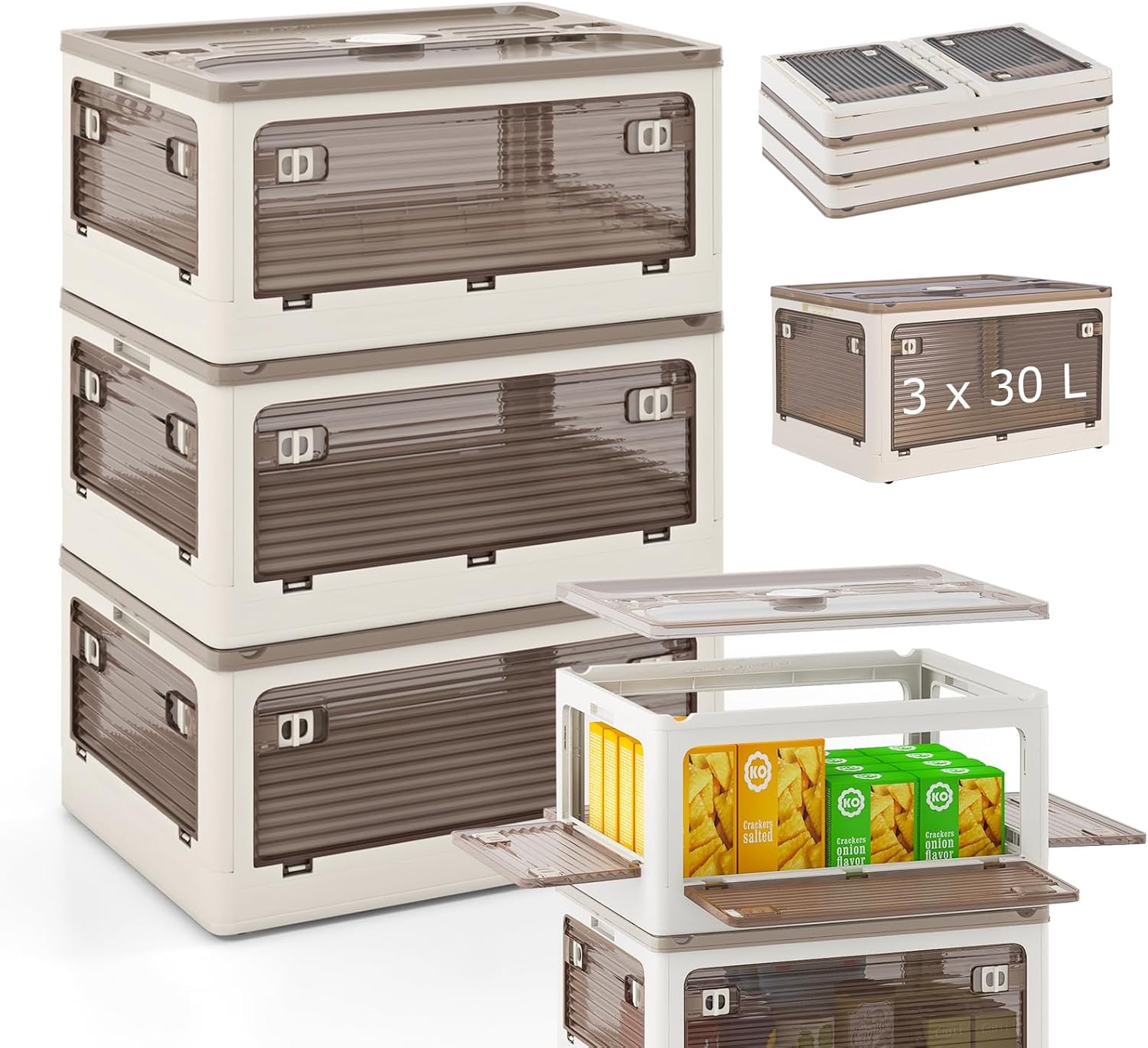 COSTWAY Paquete de 3 Contenedores Apilables con Tapa, Caja de Plástico ...