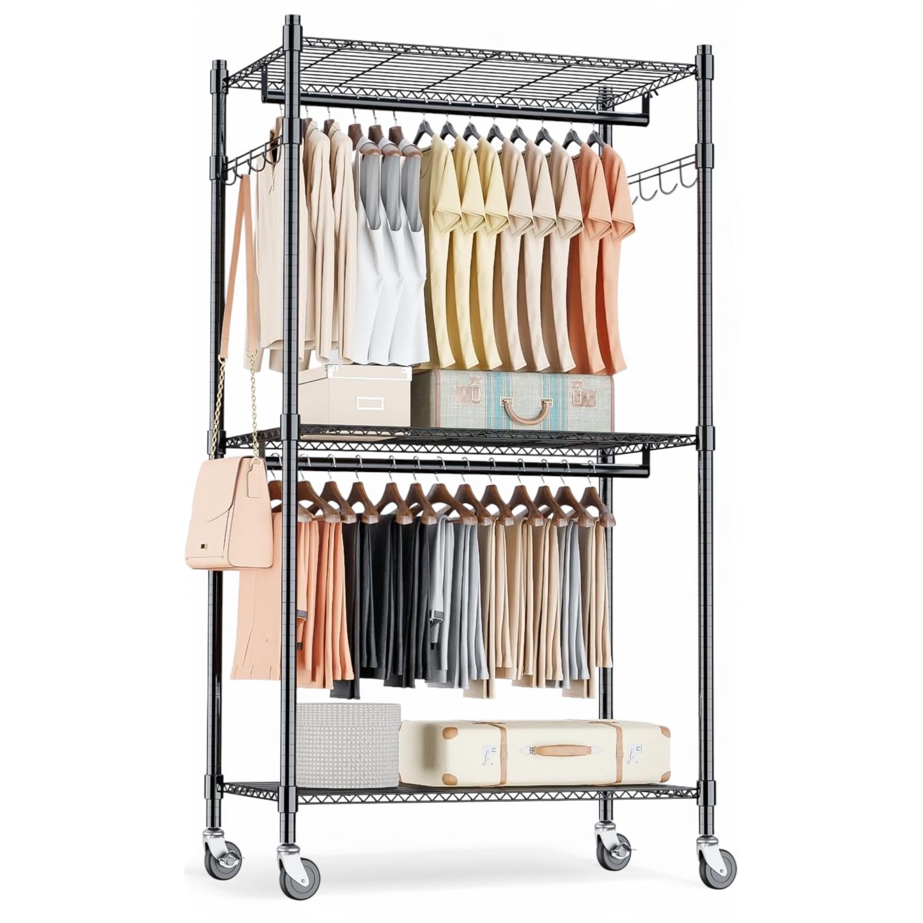 ORION91 Double Rail Coat Rack on Wheels, Adjustable Metal Clothing ...