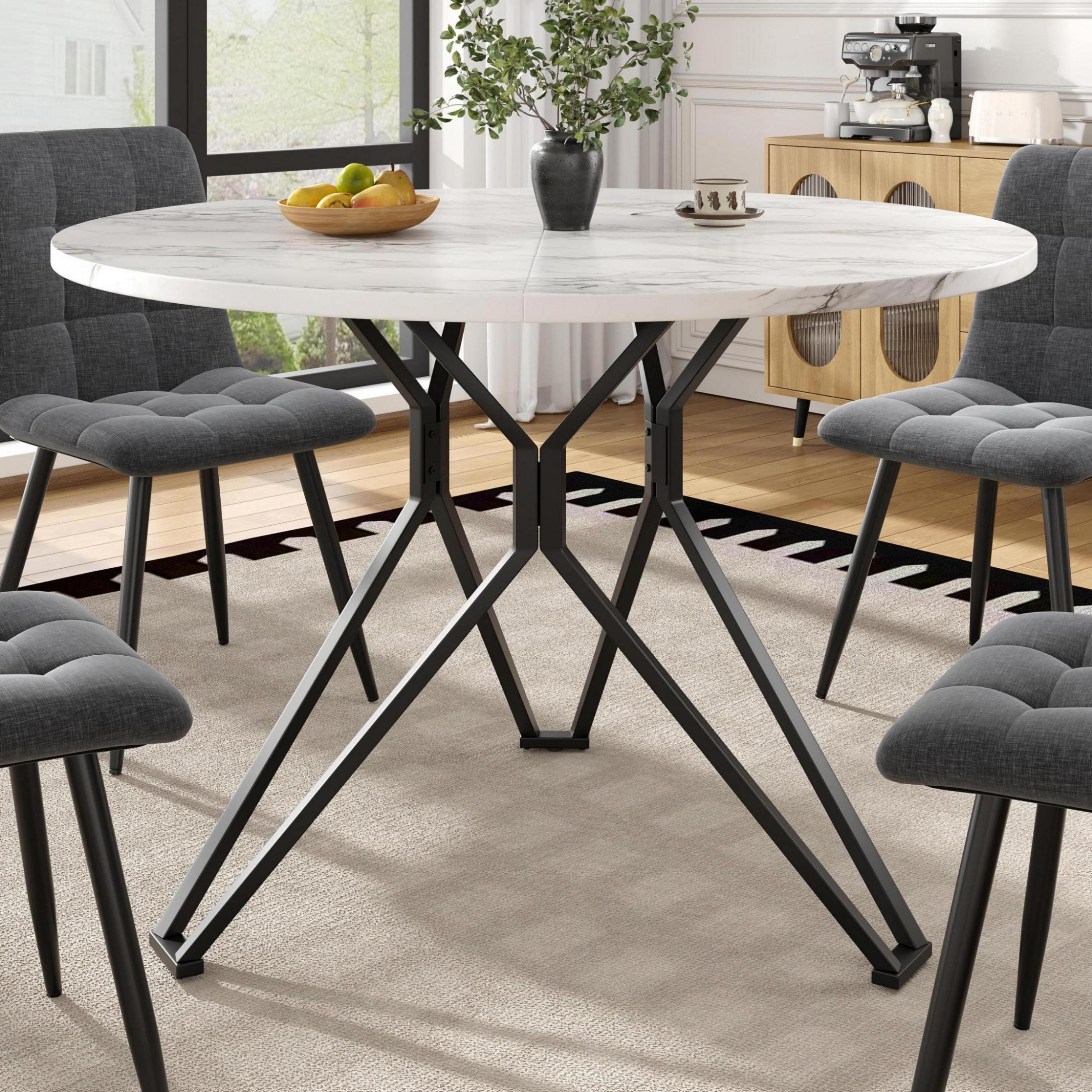 Table ronde en MDF marbré 100x100x76 cm pour 4 personnes avec pieds ...
